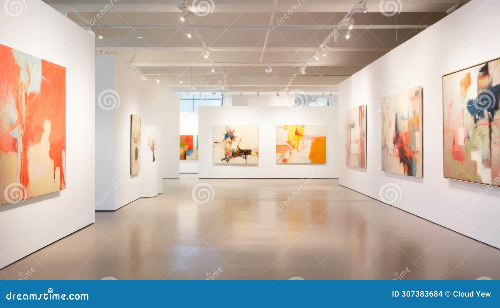 A Gallery Exhibition Featuring Abstract Art Pieces Stock Illustration ...