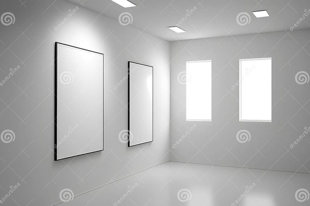 Gallery Interior with Empty Frames on the Wall and White Floor, 3d Render Stock Illustration ...