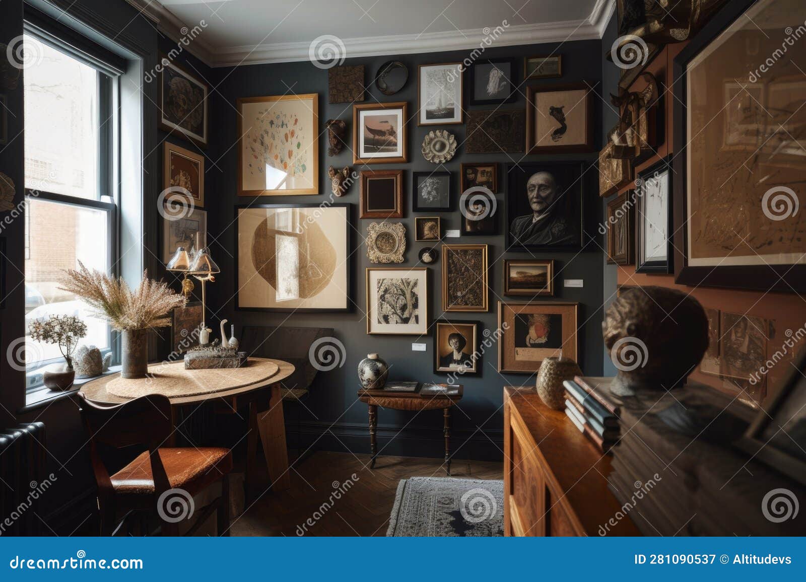 A Gallery Wall Filled with Art, Books and Curios Stock Illustration ...