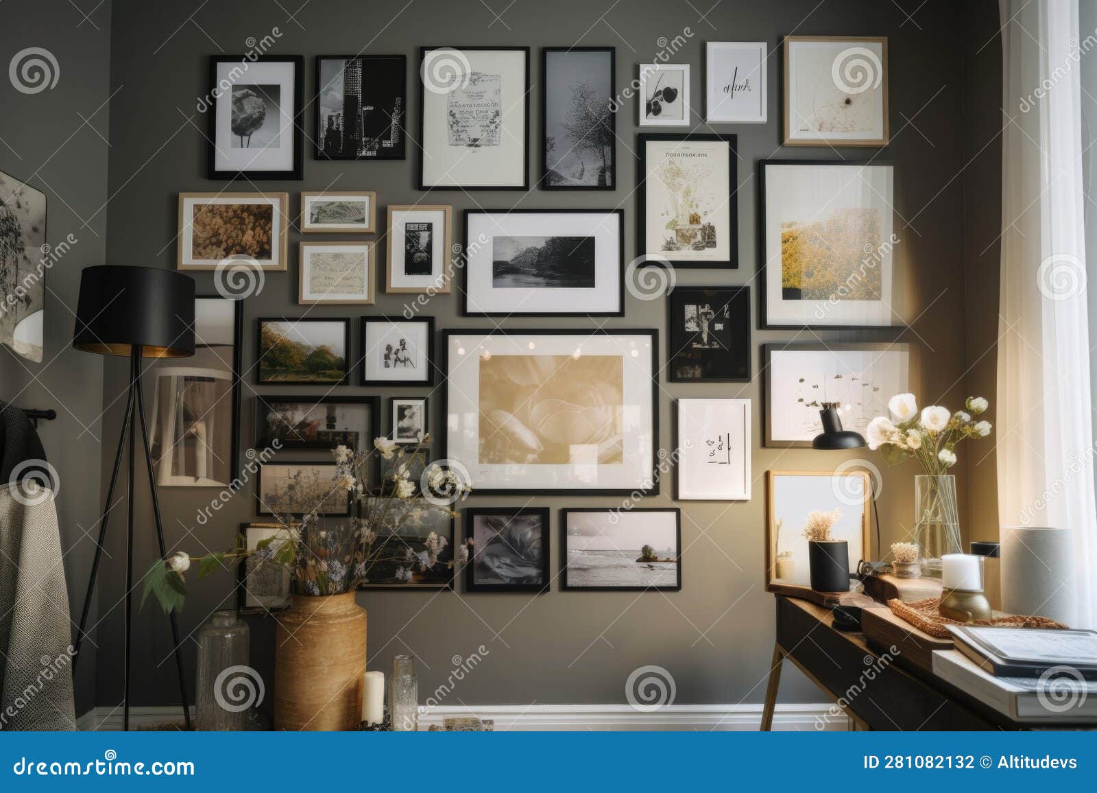 A Gallery Wall with a Mix of Framed Photos and Art Pieces Stock ...