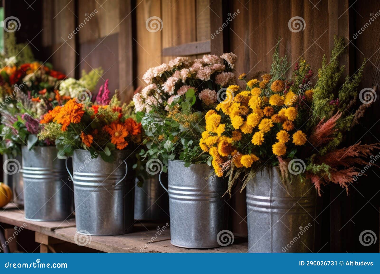Galvanized Buckets Filled with Vibrant Fall Flowers and Foliage Stock ...