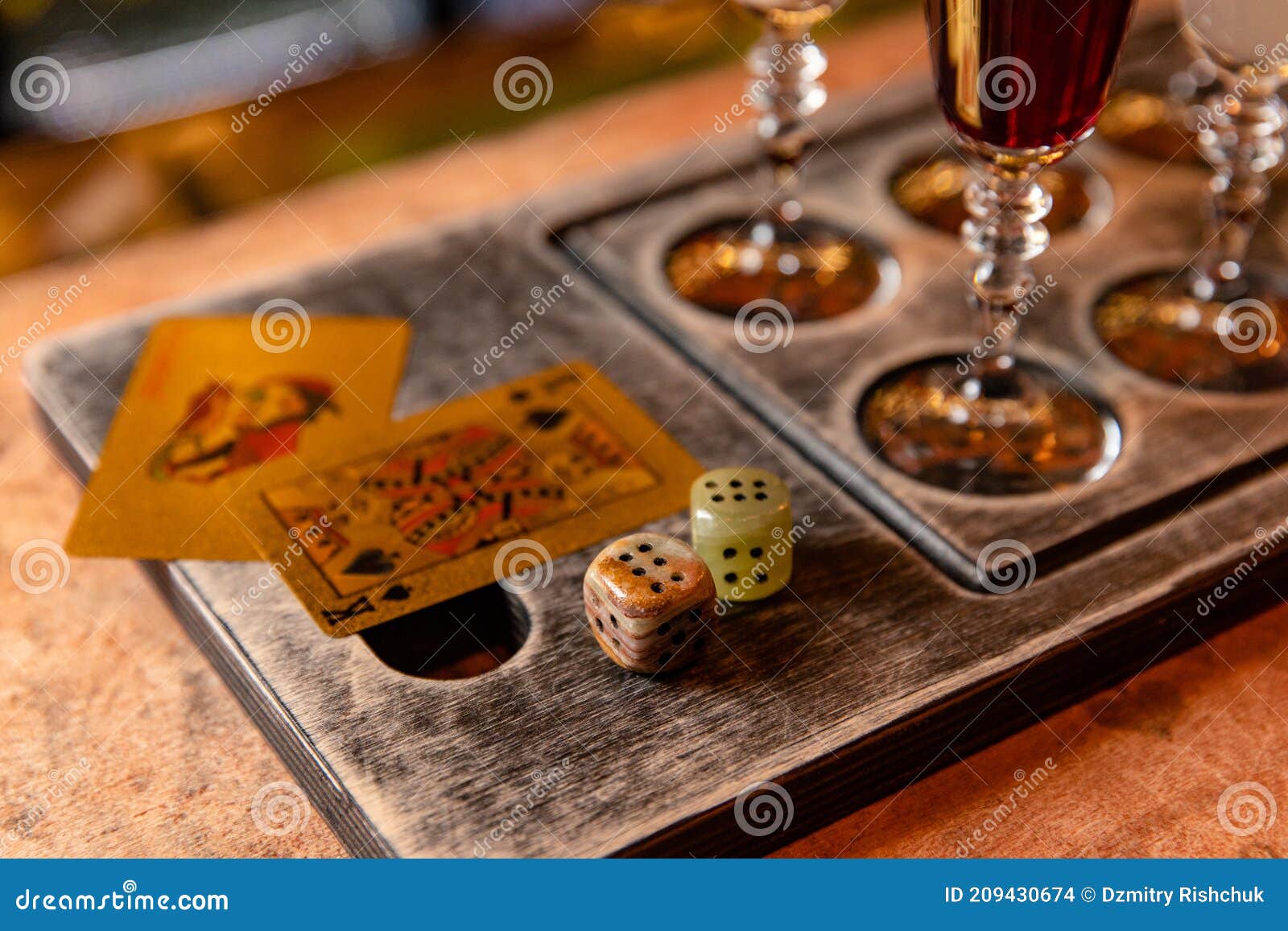 Gambling Concept with Booze, on Bar Table with Cards and Dice Stock ...