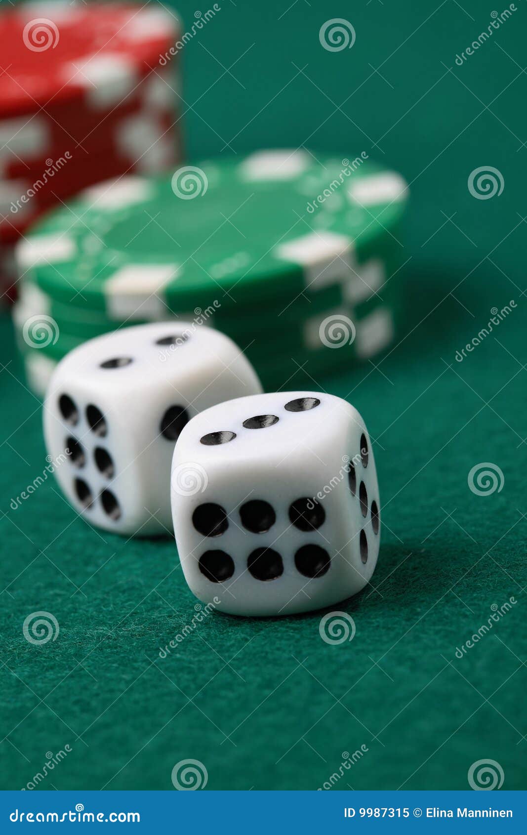 Gambling Die and Poker Chips on a Green Surface. Stock Image - Image of ...