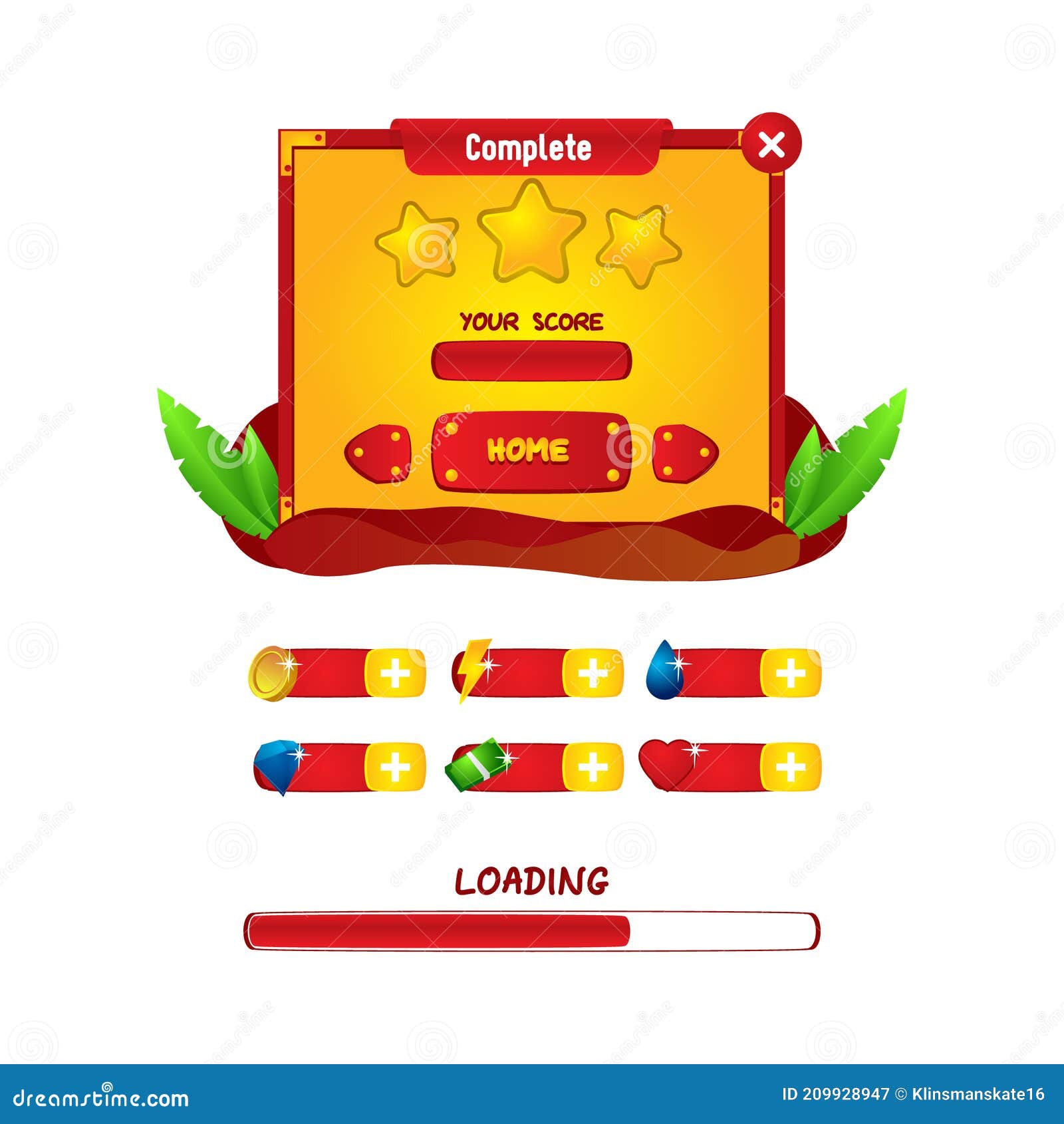 Game Assets with Level Complete Menu Design Vector Stock Illustration ...