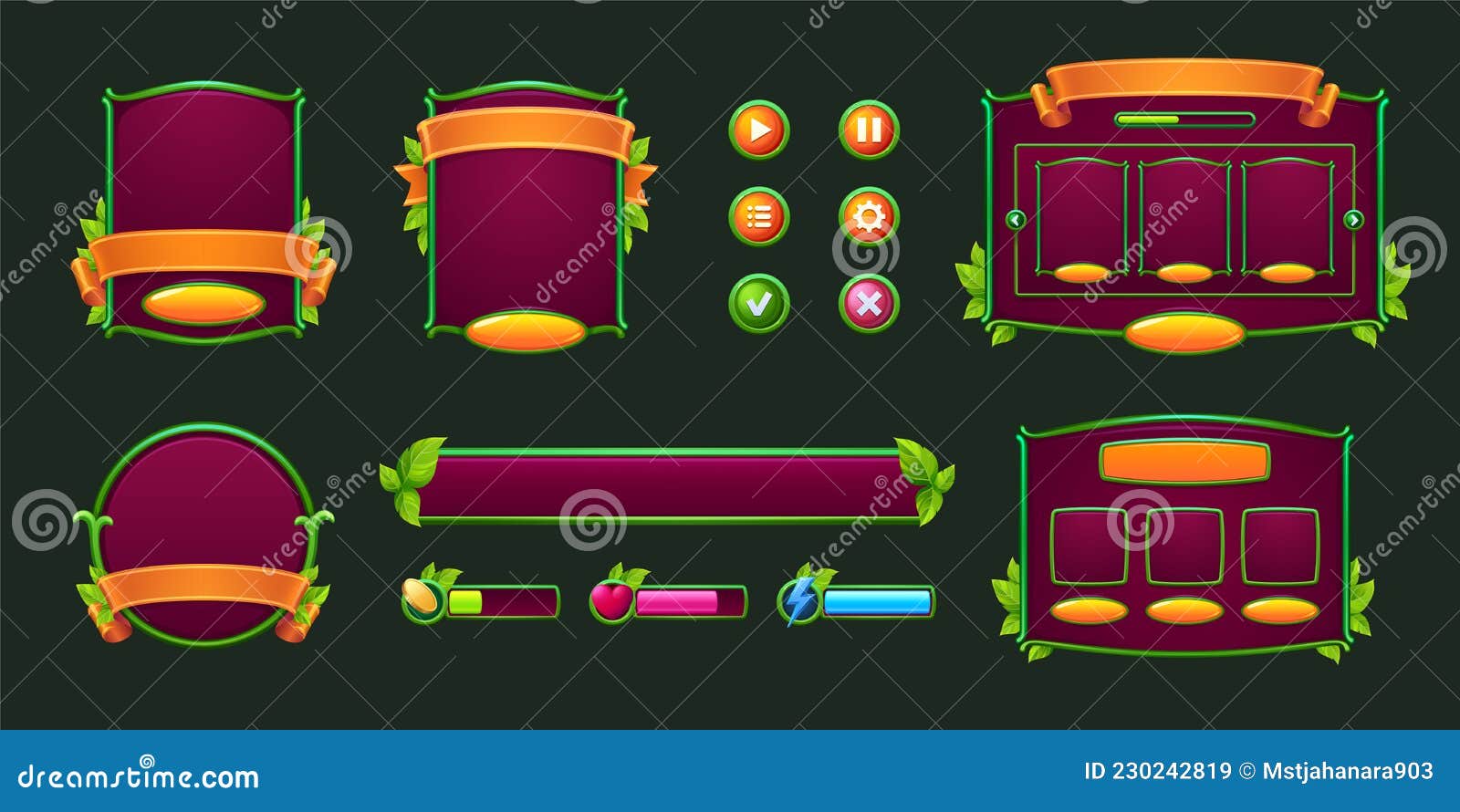 Game Buttons and Frames with Green Leaves Stock Vector - Illustration ...