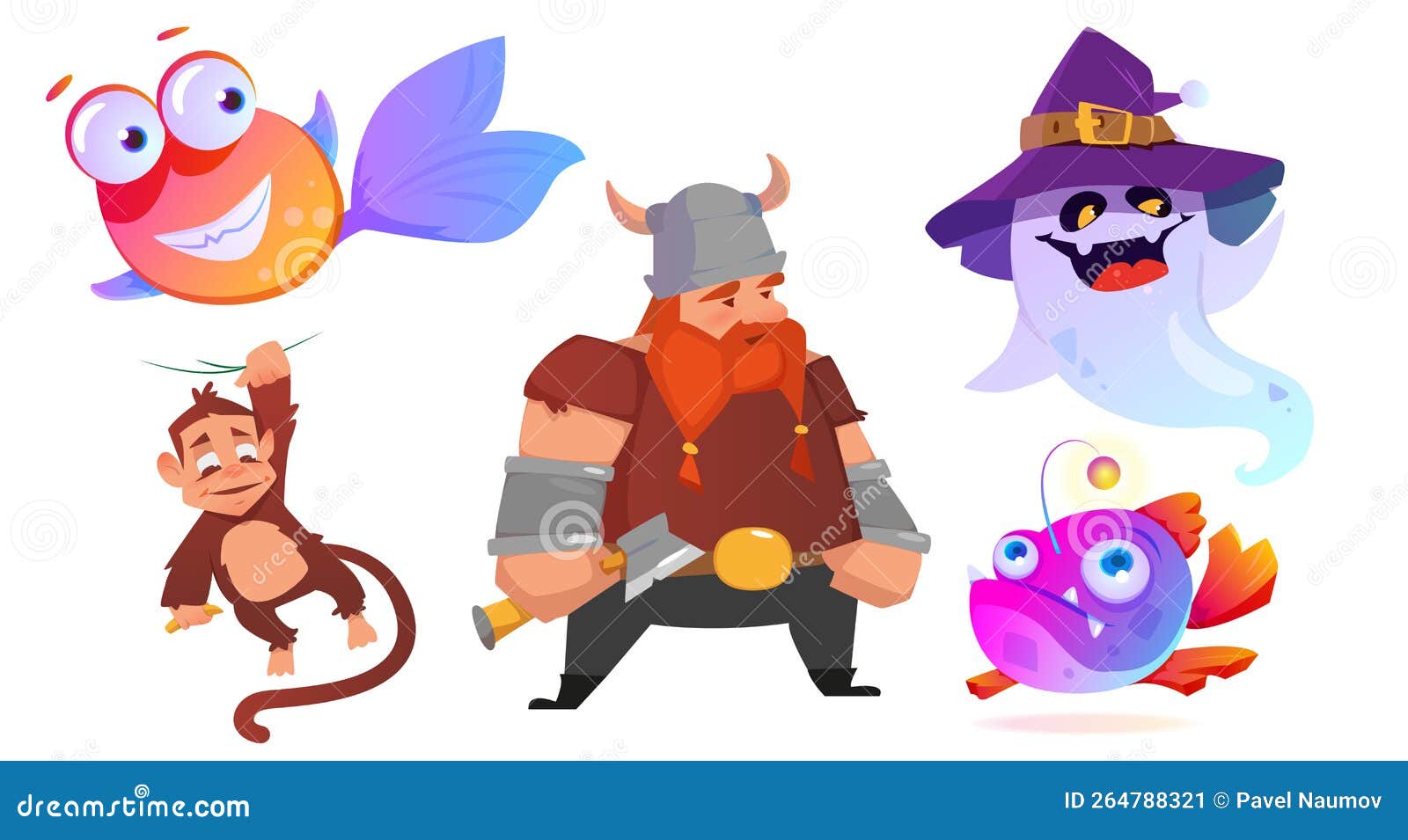 Game Characters with Viking, Monkey, Fish and Ghost Vector Set Stock ...