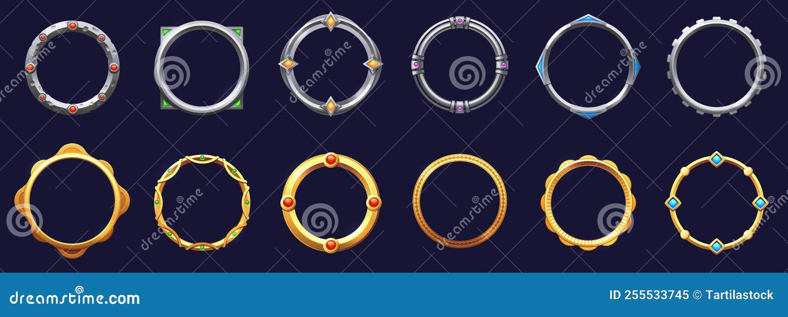Game Circle Metal Frames. Round Textured Avatar Borders, Cartoon Empty ...