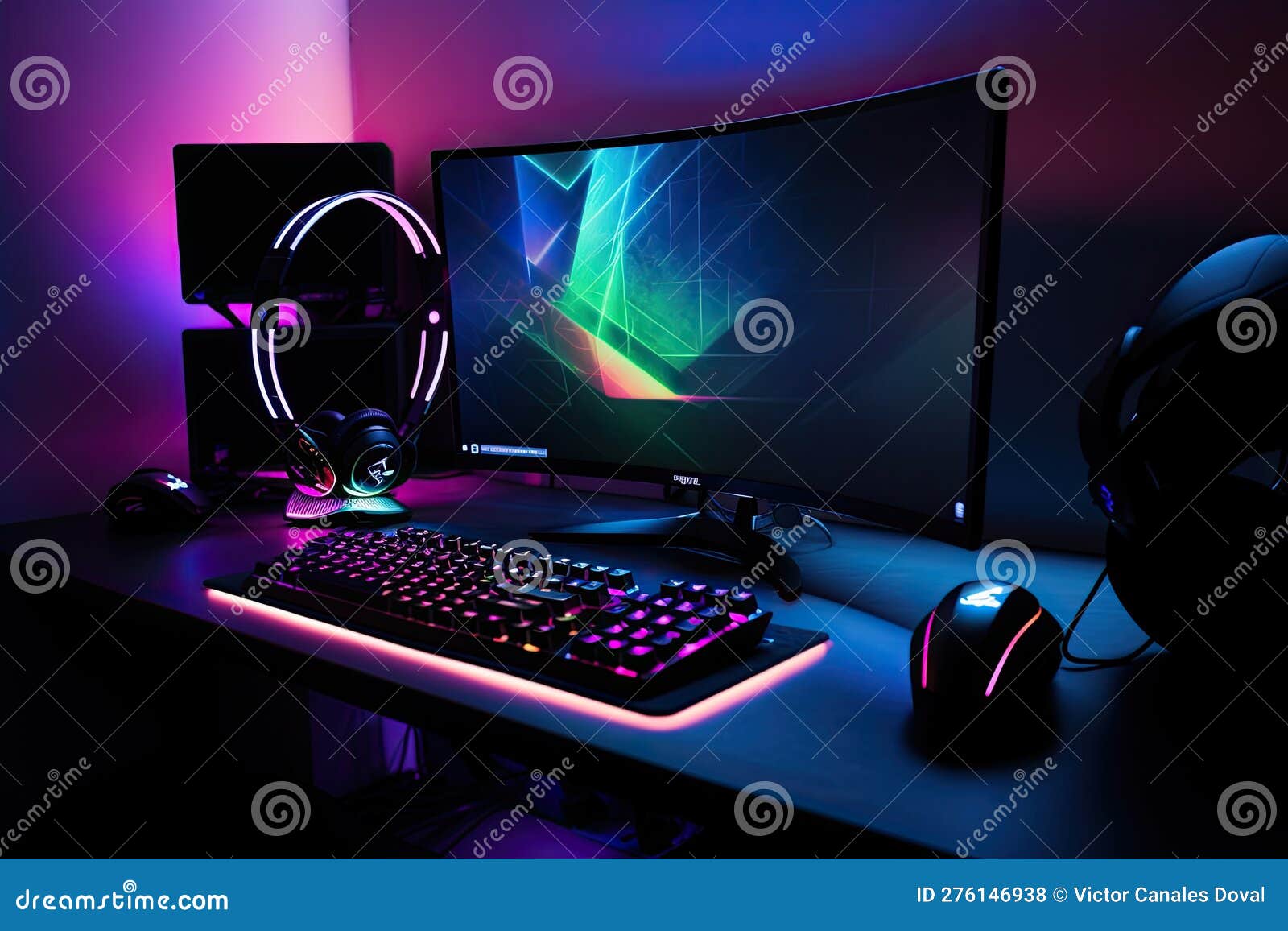 Game Computer Desktop with Neon Lights Background, Modern PC Computer ...