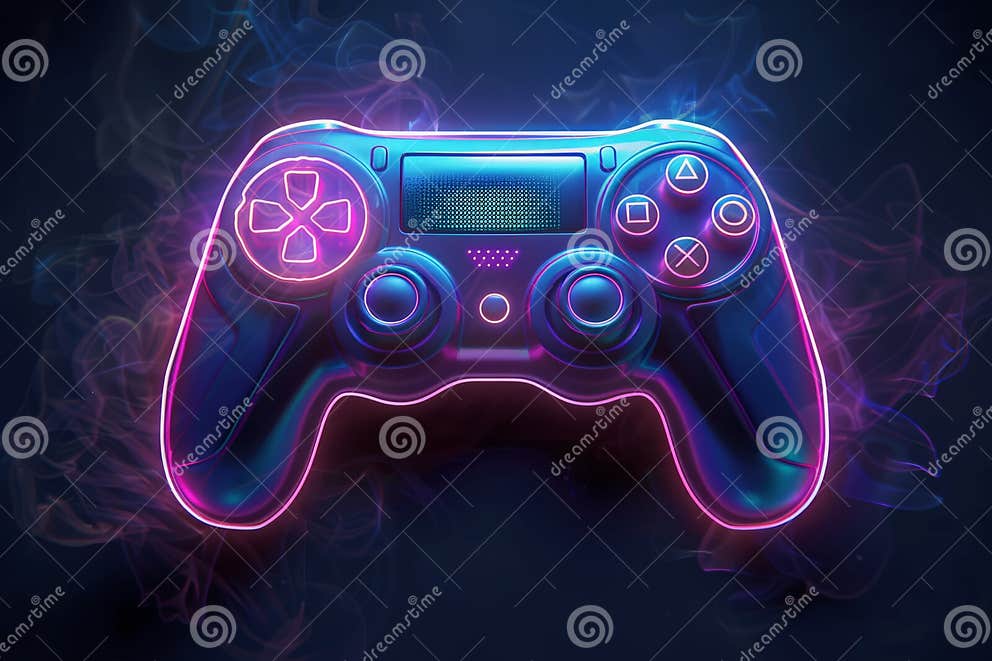Game Controller or Joystick for Game Console Neon Light on Blue Dark ...