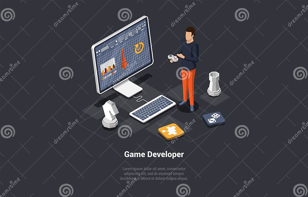 Game Development Concept. GameDev in Process of Create and Develop New Computer Video Game ...