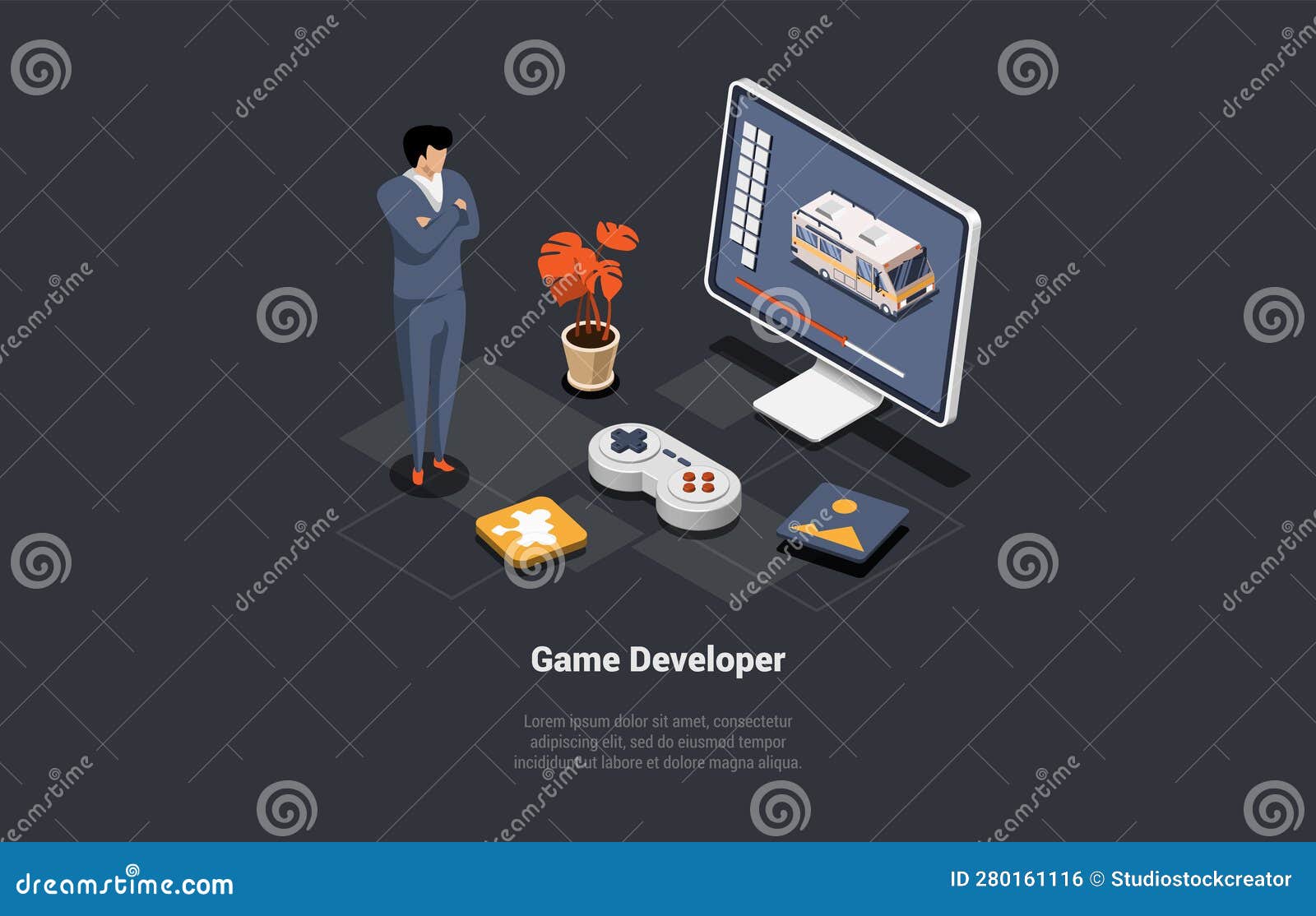 Game Development Concept. GameDev in Process of Create and Develop New ...
