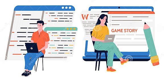 Game Development People Programming Software With Laptops Coding Scripts Application