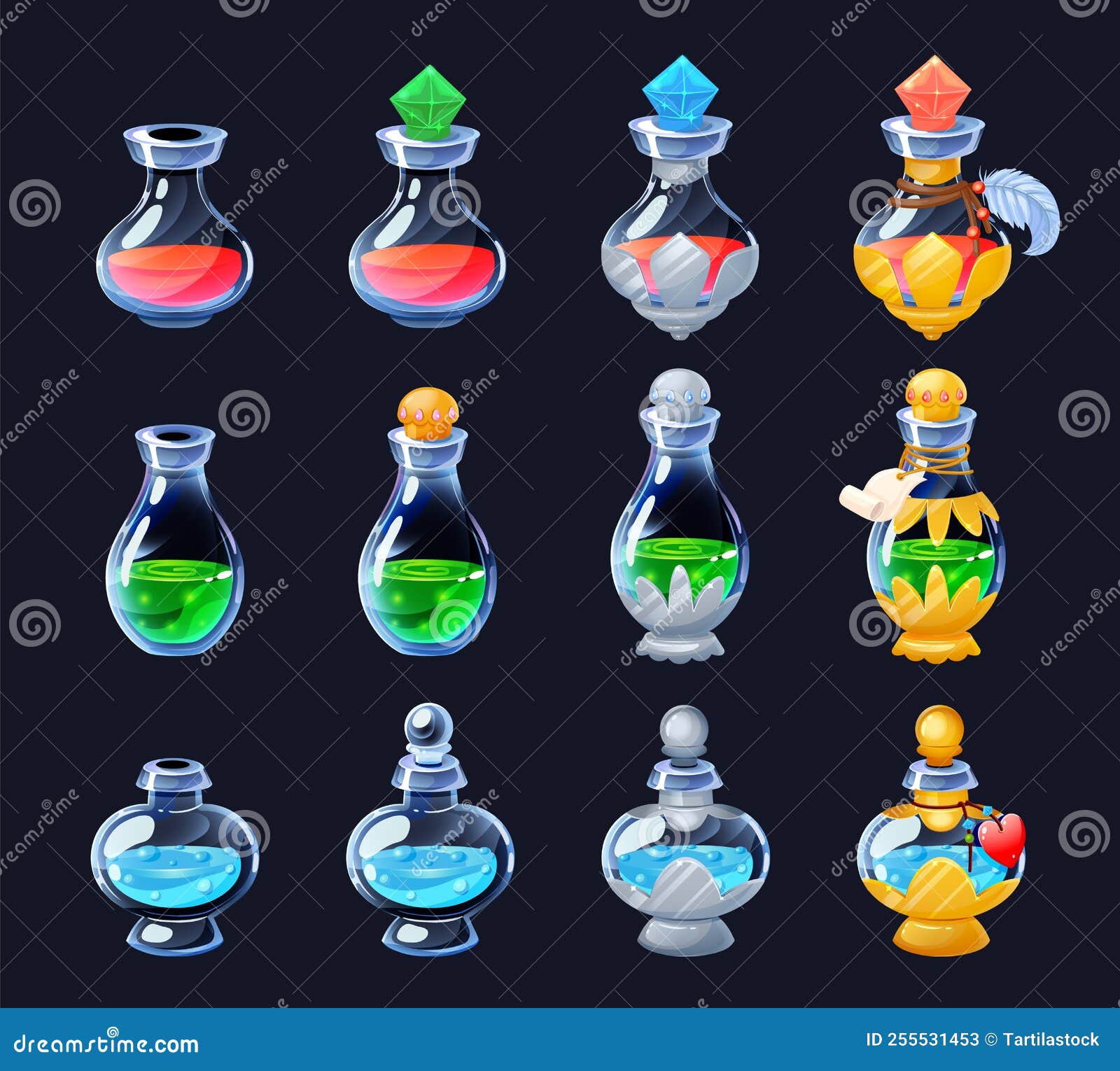 Game Elixir. Cartoon GUI Potion Sprite Asset Of Flasks And Phials For ...