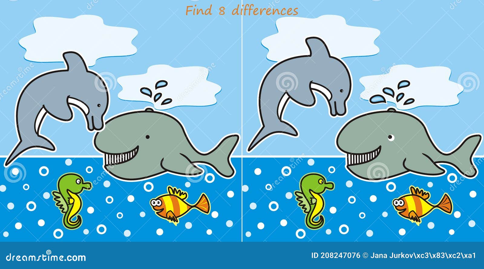 Game, Find Eight Differences, Sea Animals, Eps. Stock Vector ...