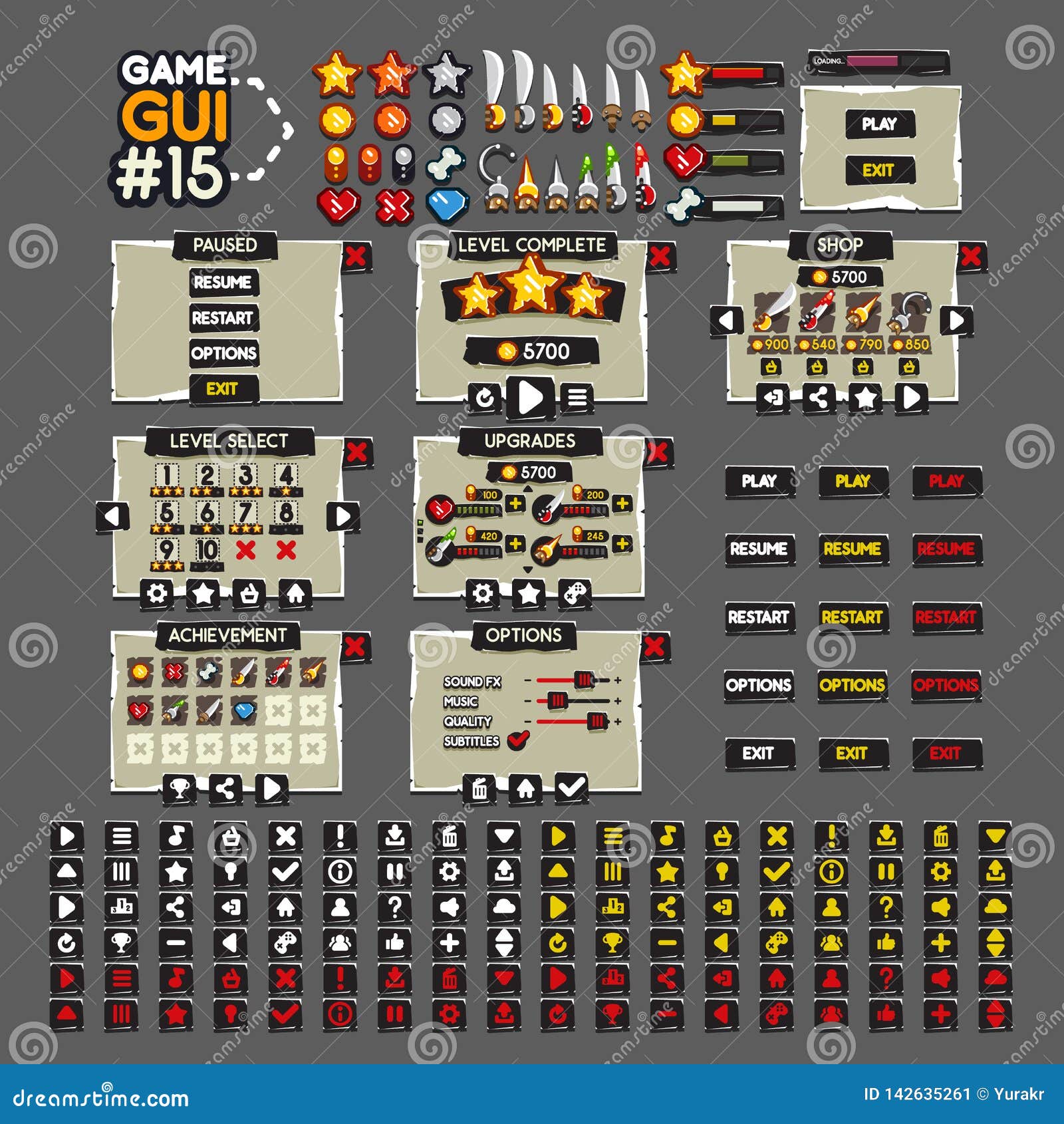 Game GUI 15 stock vector. Illustration of menu, flat - 142635261