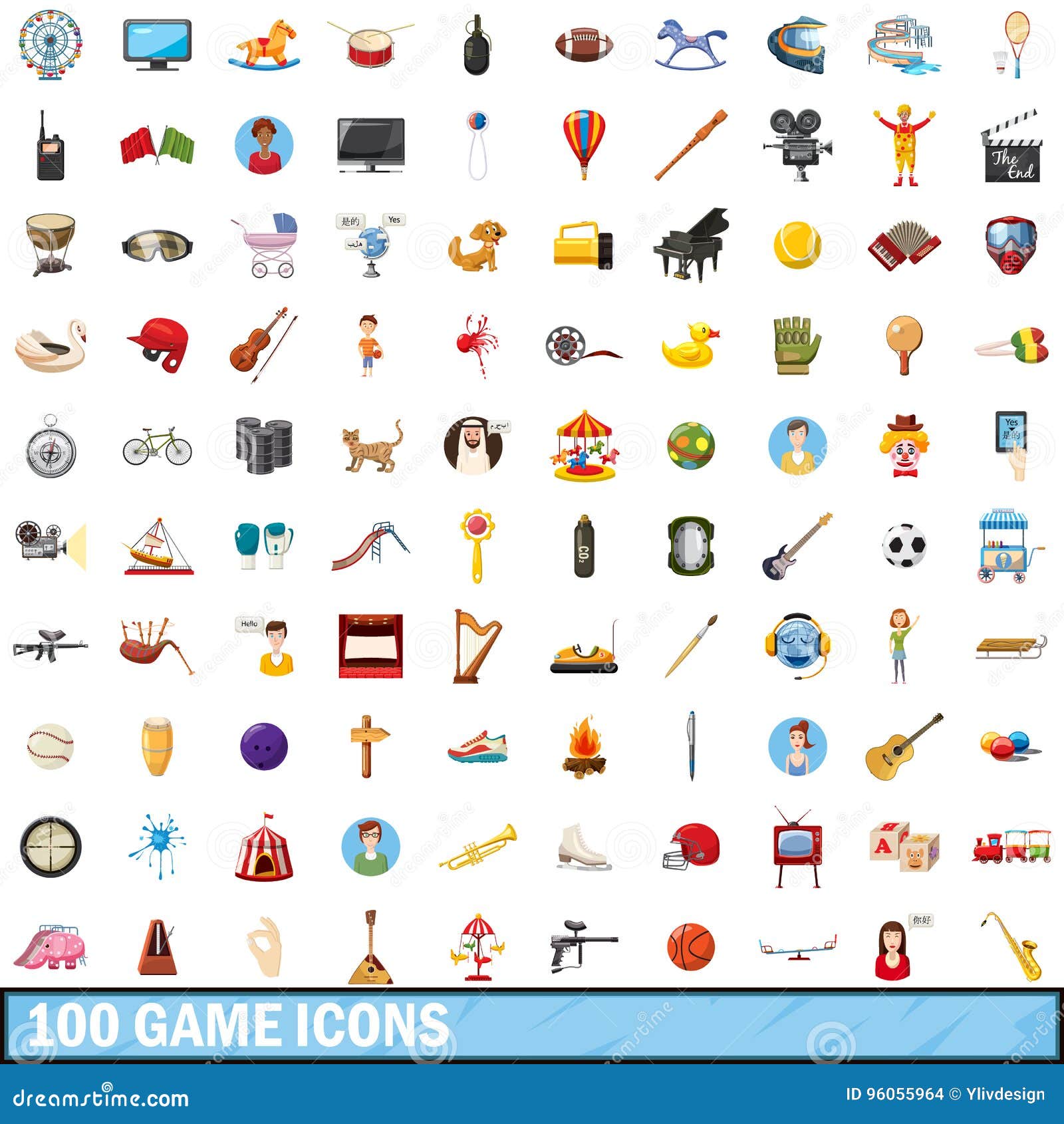 100 Game Icons Set, Cartoon Style Stock Vector - Illustration of ball ...