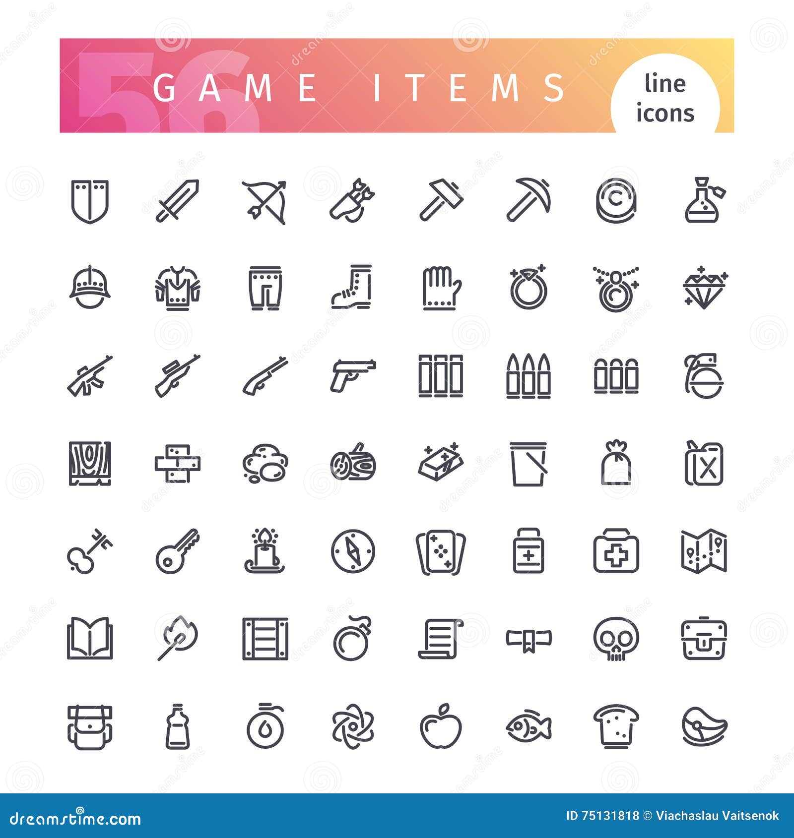 Game Items Line Icons Set stock vector. Illustration of play - 75131818