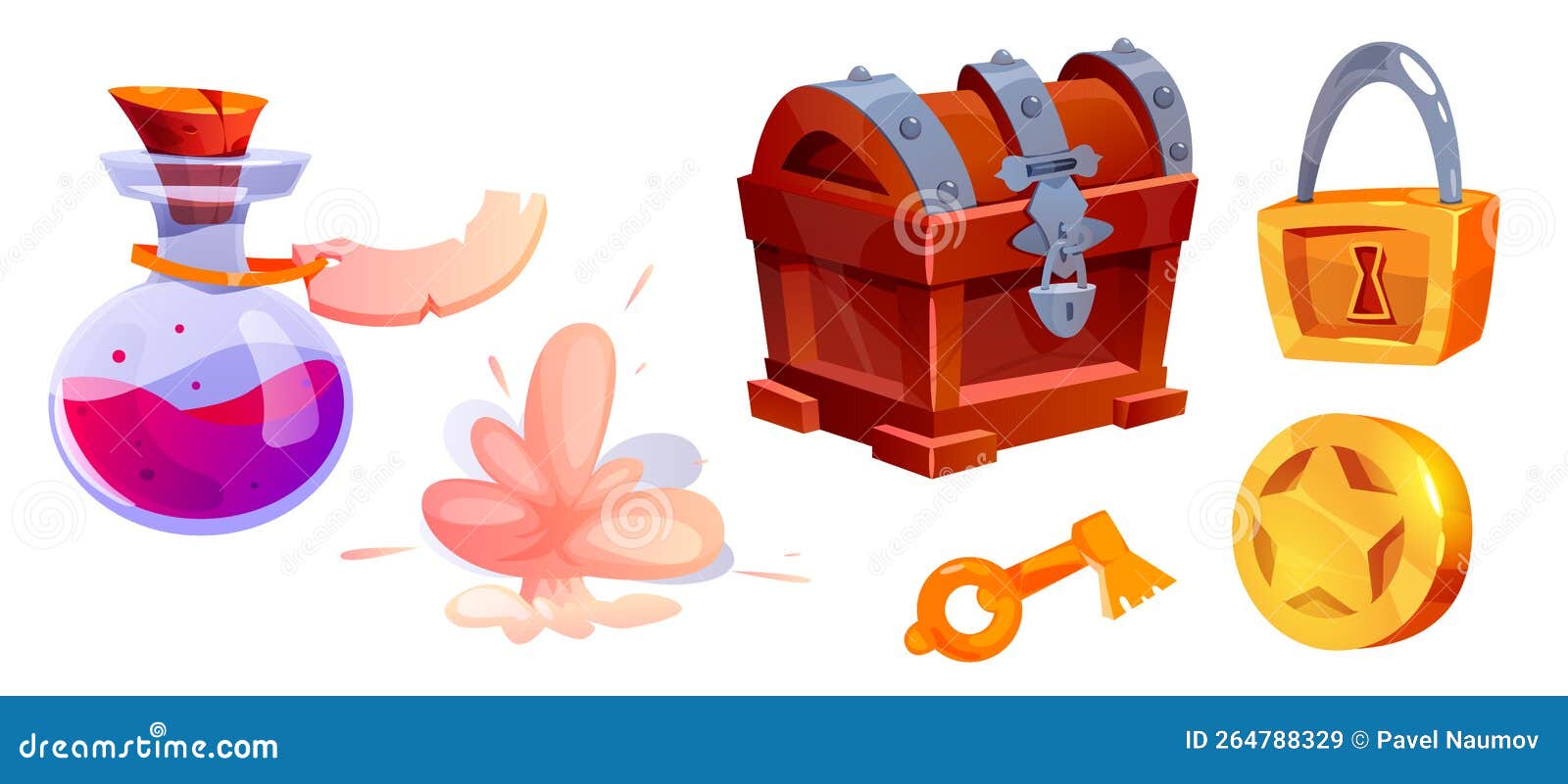 Game Items and Objects with Chest, Key, Coin, Lock and Potion Jar ...