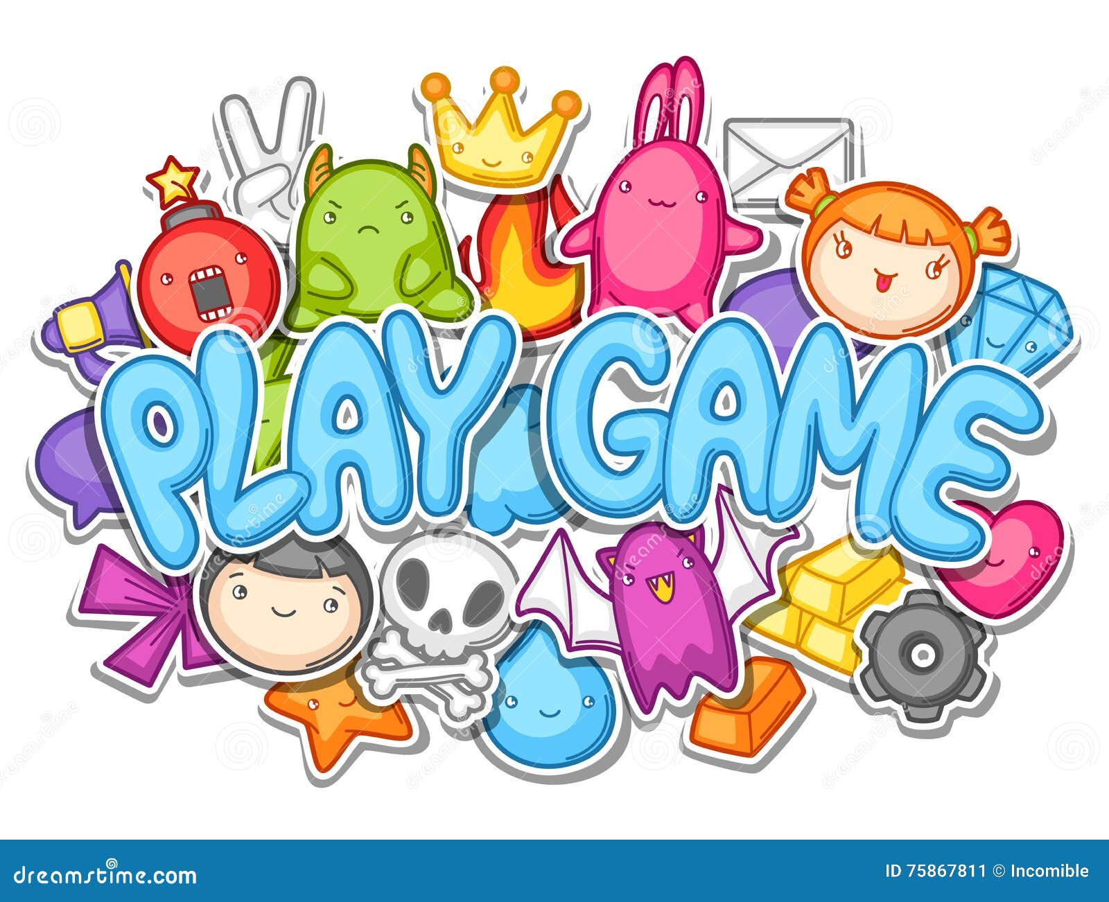 Game Kawaii Invite. Cute Gaming Design Elements, Objects And Symbols ...