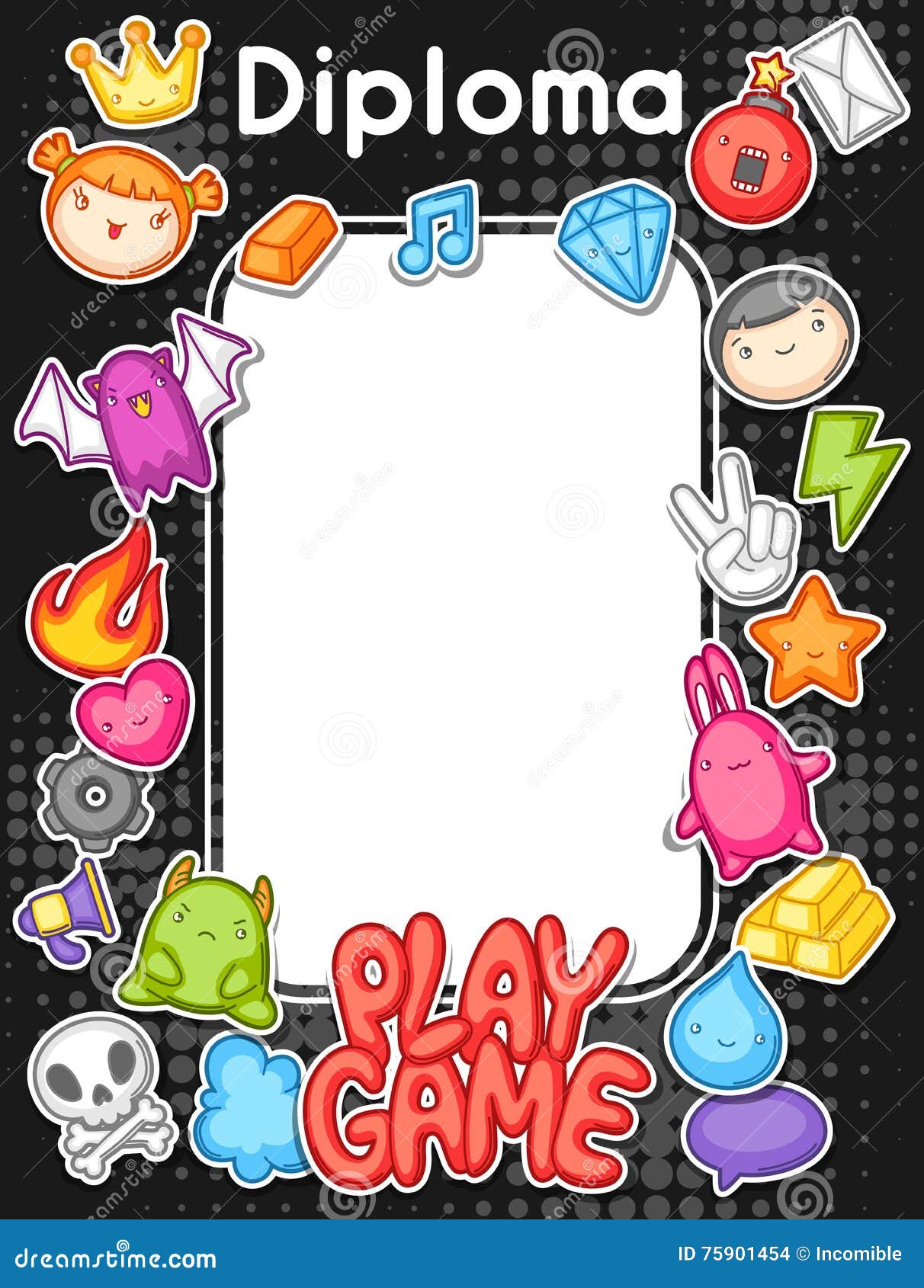 Game Kawaii Diploma. Cute Gaming Design Elements, Objects and Symbols ...