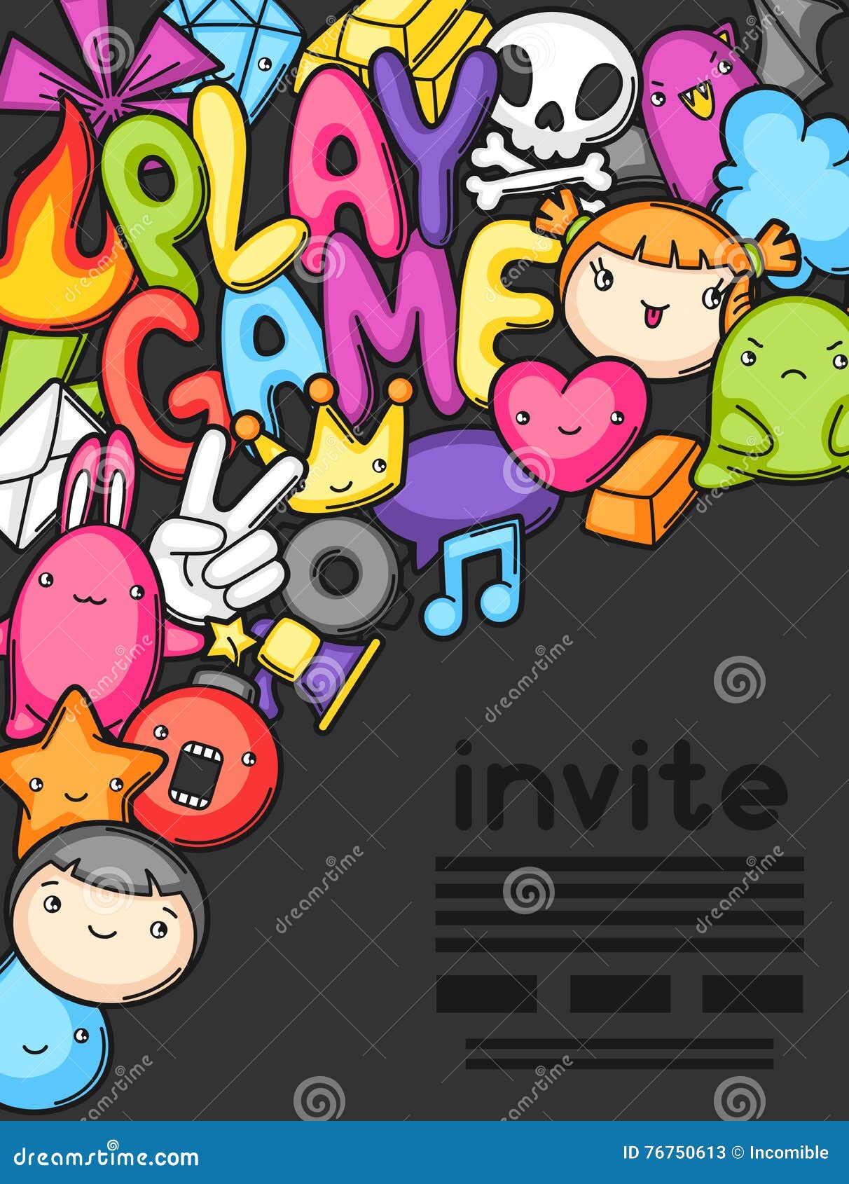 Game Kawaii Invite. Cute Gaming Design Elements, Objects and Symbols ...