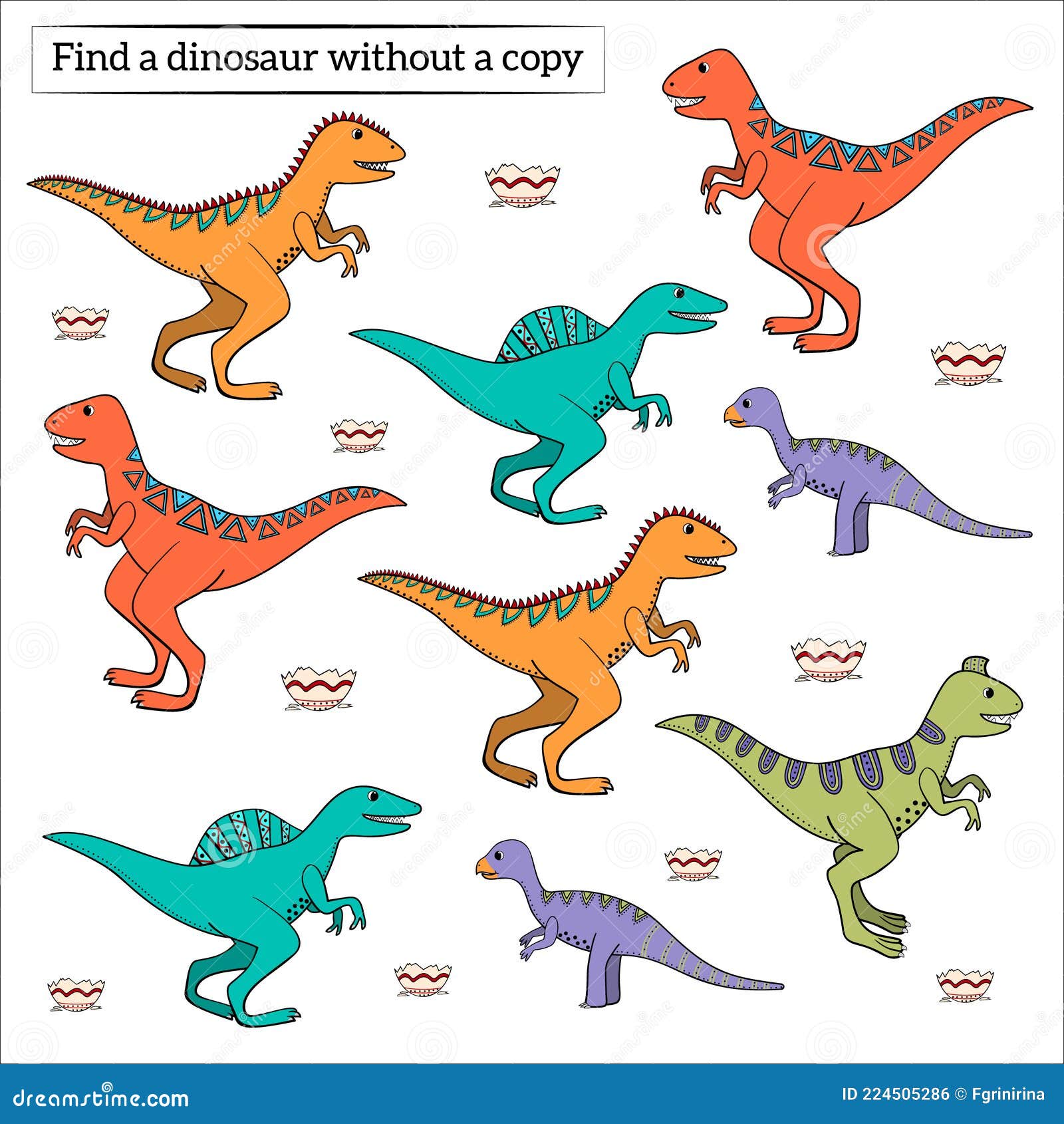 Find a Drawing without Copy, Task for Kids with Multicolored Dinosaurs ...