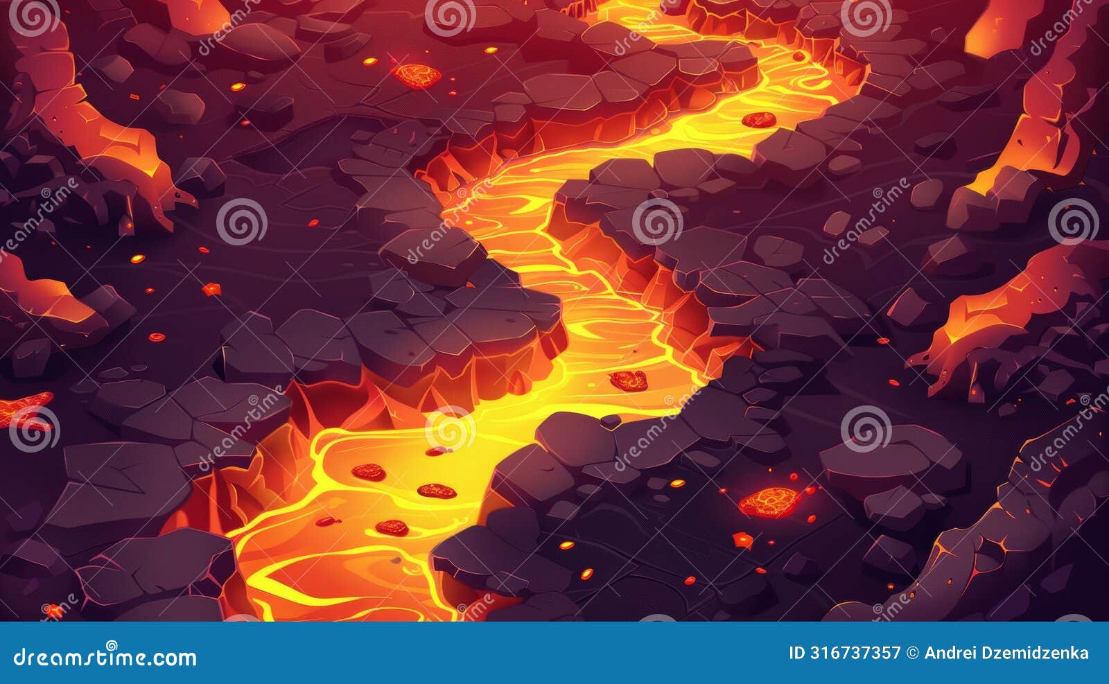 A Game Map with Hot Ground and Magma Craters Surrounded by Lava Rivers ...