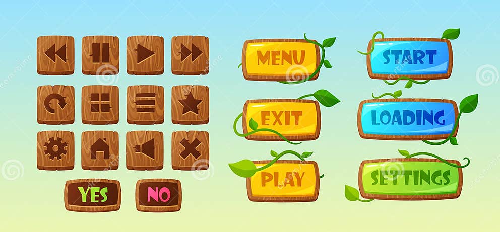 Game Menu Interface, Wooden Board with Buttons Restart, Loading, Play ...