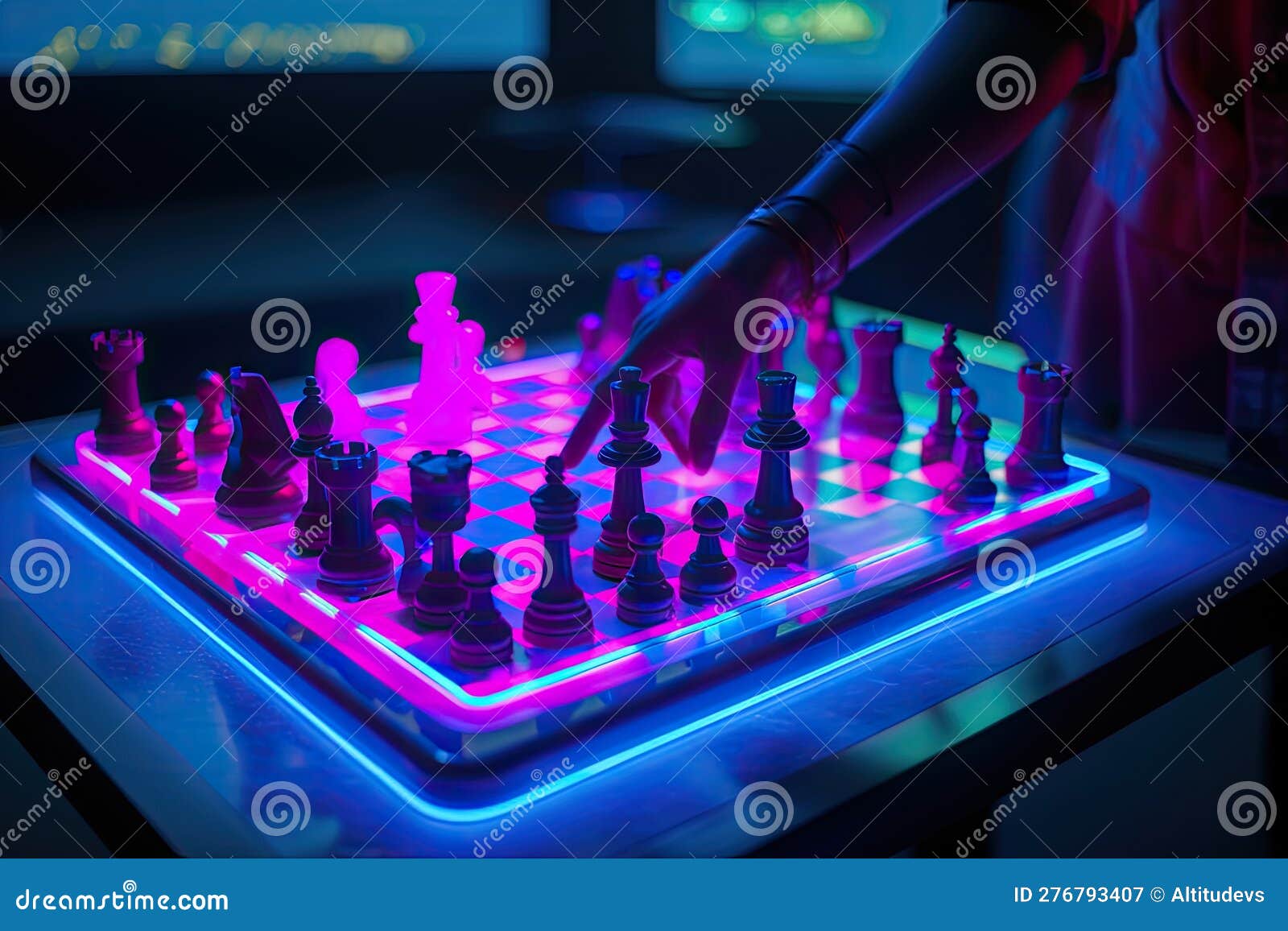 Game of Neon Chess Being Played on Futuristic Hoverboard Stock ...