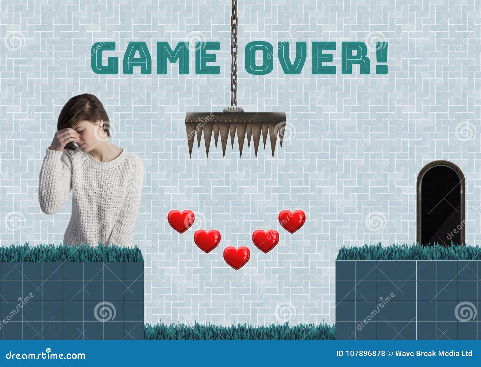Game Over Text and Woman in Computer Game Level with Hearts and Traps ...