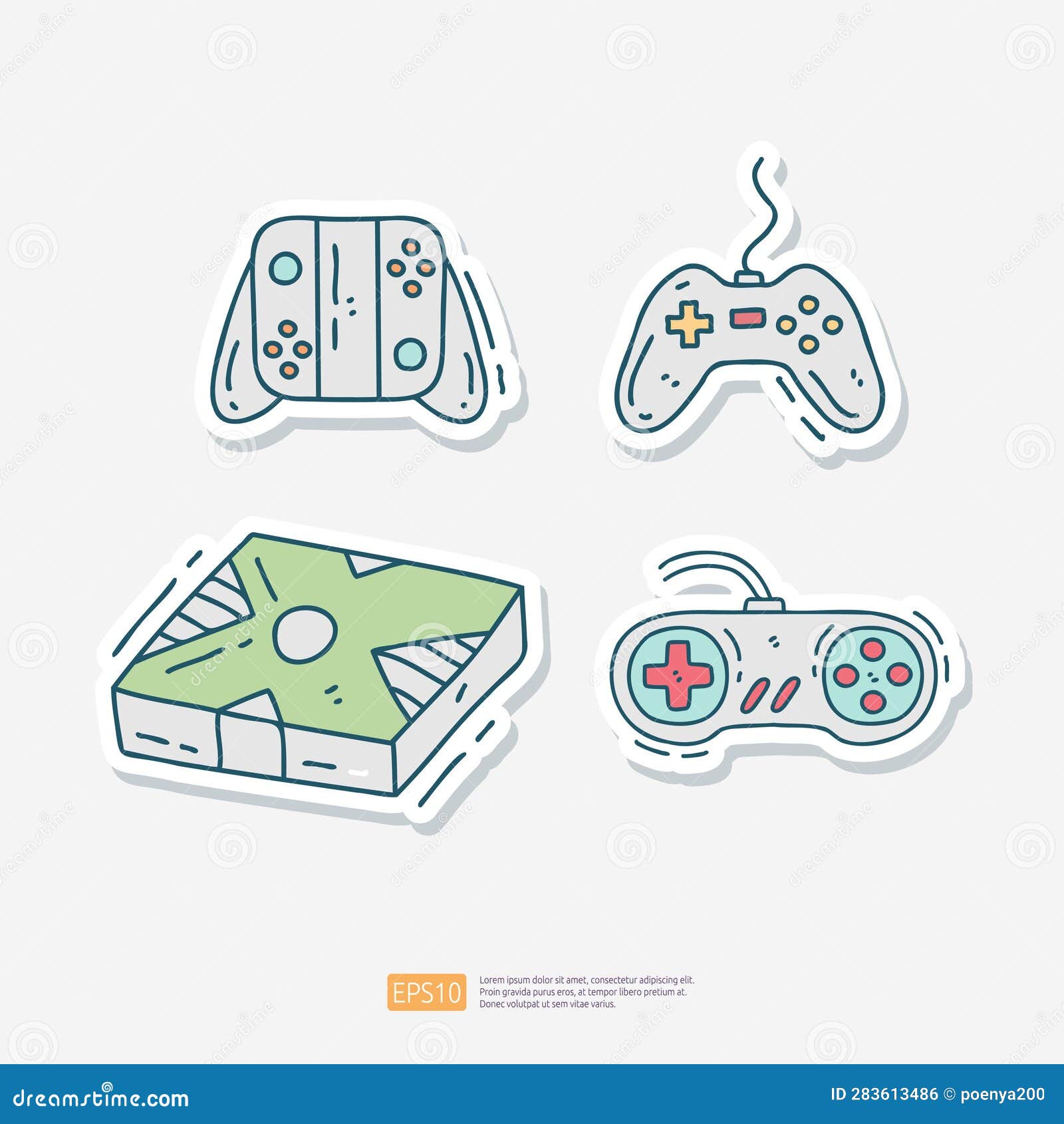 Game Pad Controller and Game Box Console Doodle Icon Set. Game Console ...