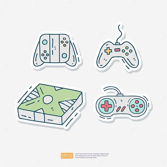 Game Pad Controller and Game Box Console Doodle Icon Set. Game Console ...