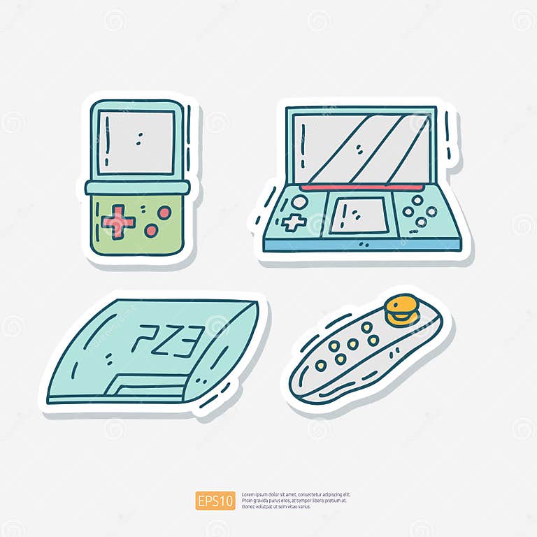 Game Pad Controller and Game Box Console Doodle Icon Set. Game Console ...