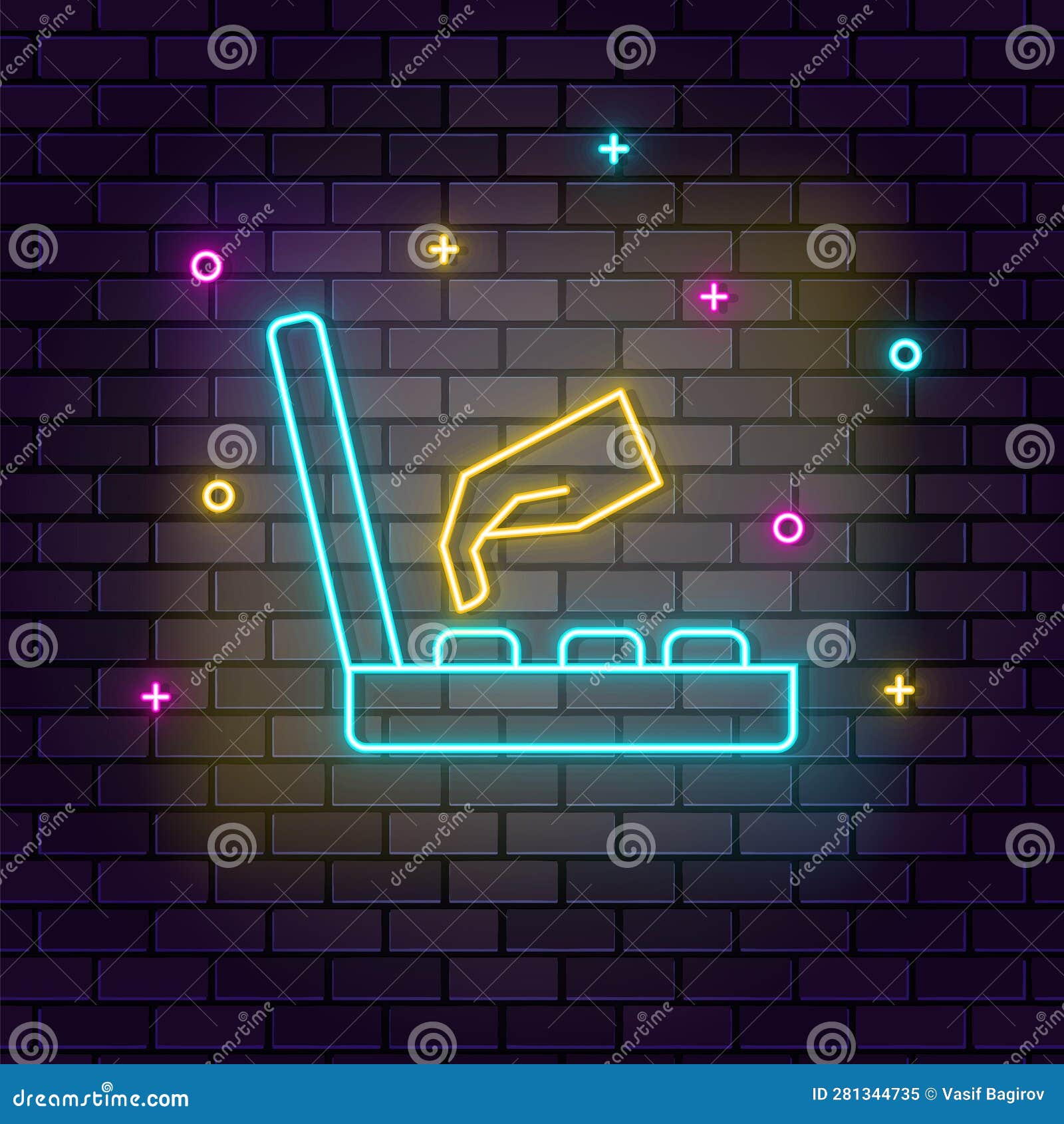 Game Retro Console Arcade Hand Neon on Wall. Dark Background Brick Wall ...