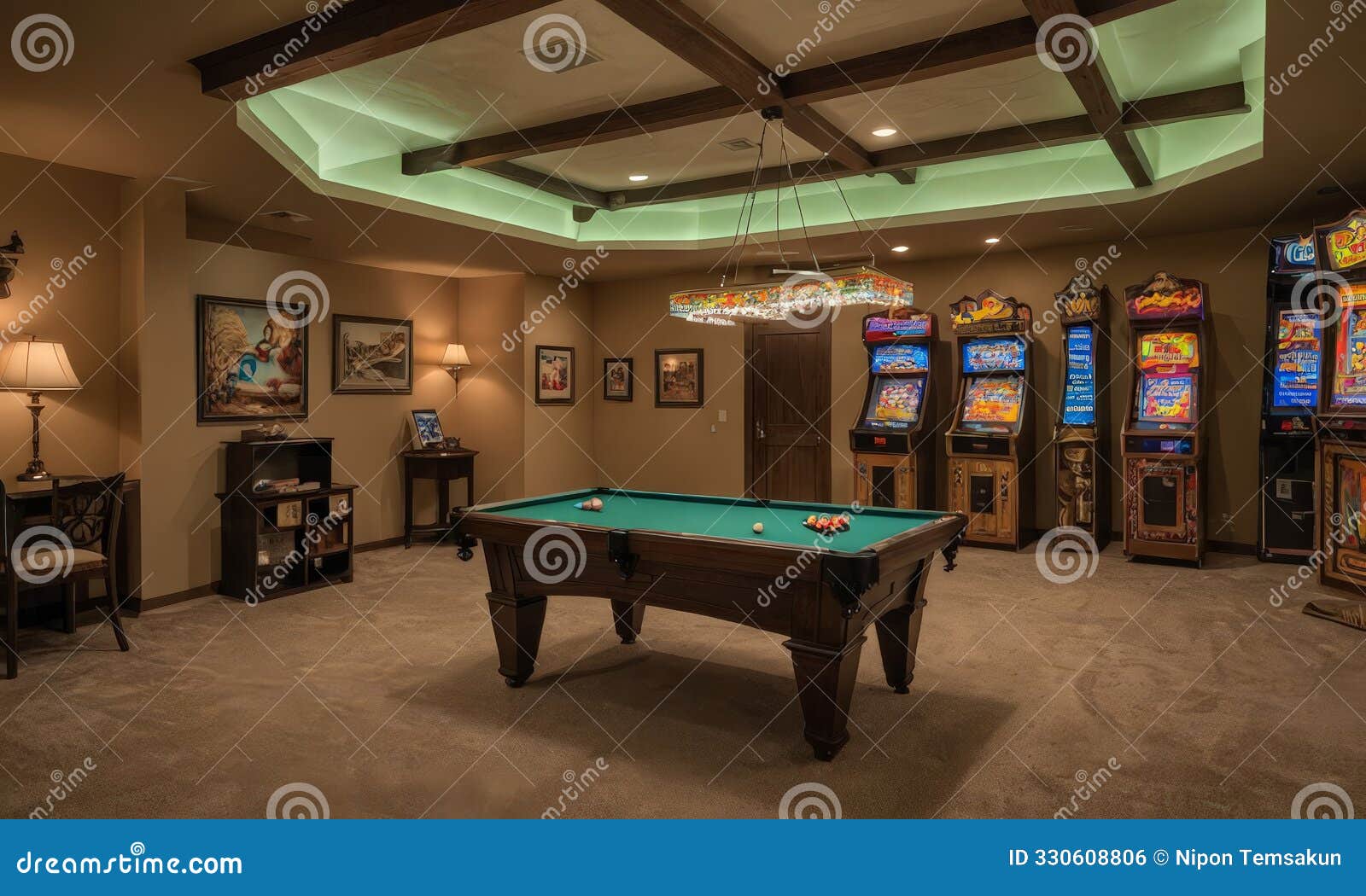 Game Room with Pool Table and Arcades Stock Photo - Image of building ...