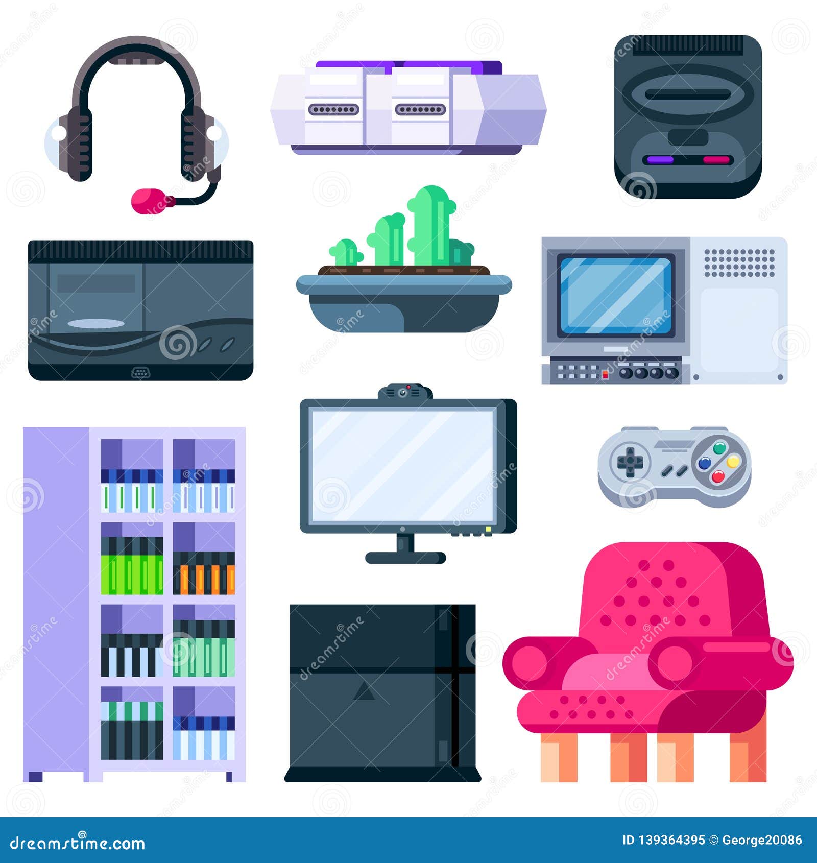 Game Room Set Up. Gamer Workplace with Set of Objects. Vector ...