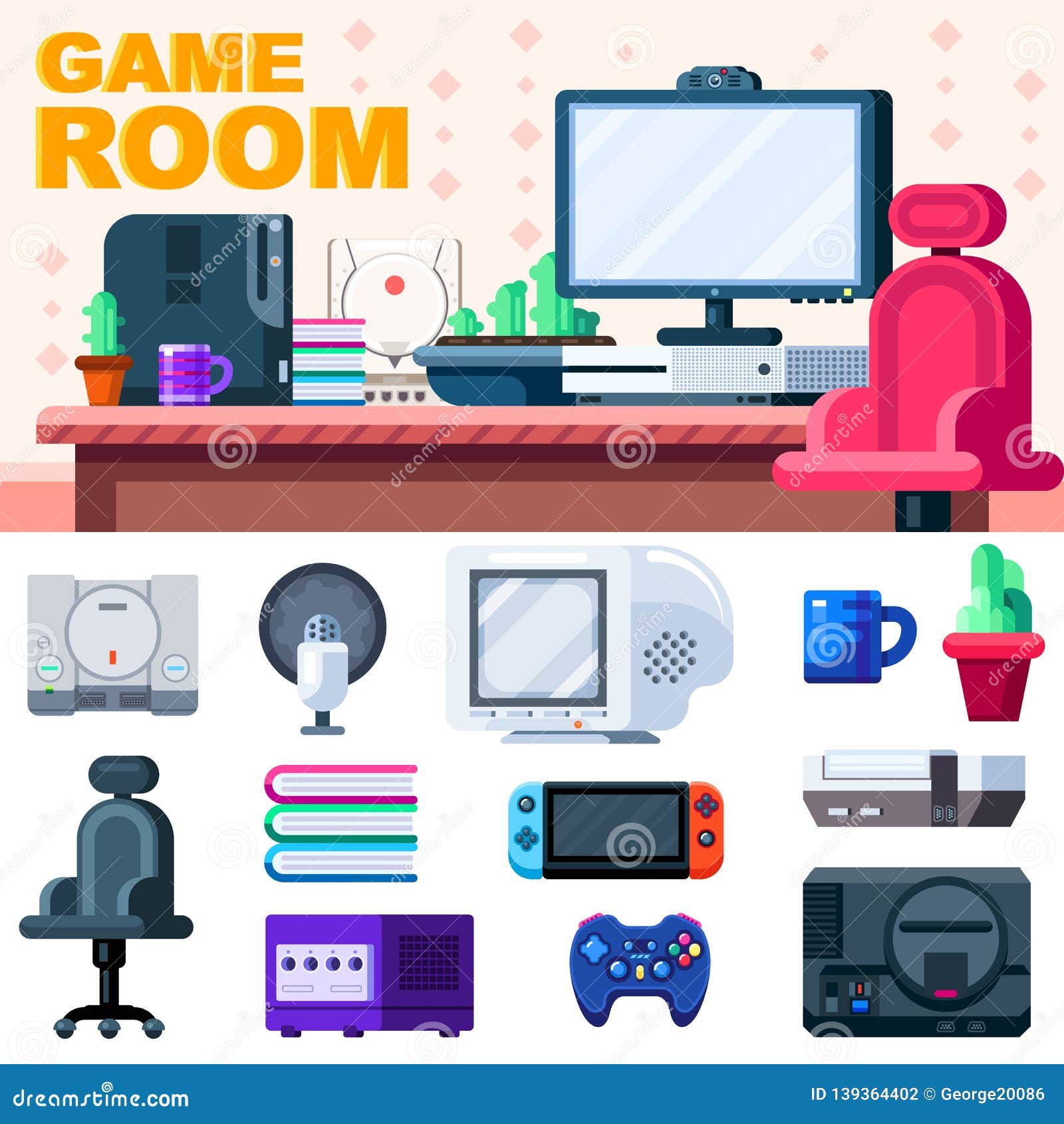 Game Room Set Up. Gamer Workplace With Set Of Objects. Vector ...