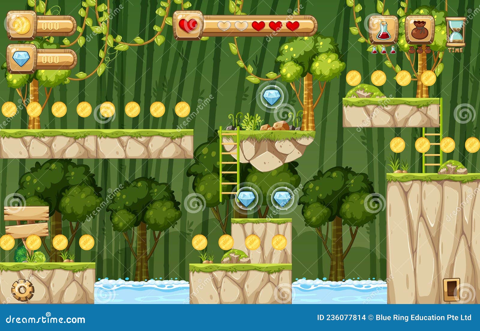 A Game Template Jungle Scene Stock Vector - Illustration of platform ...