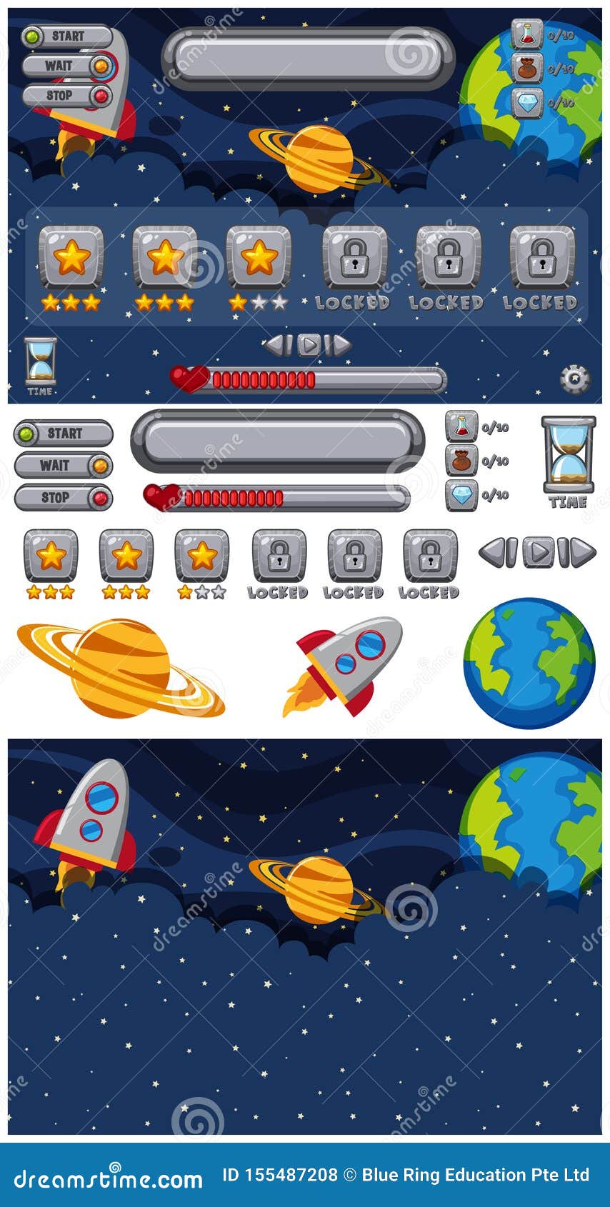 Game Template Set with Earth and Stars Background Stock Vector ...