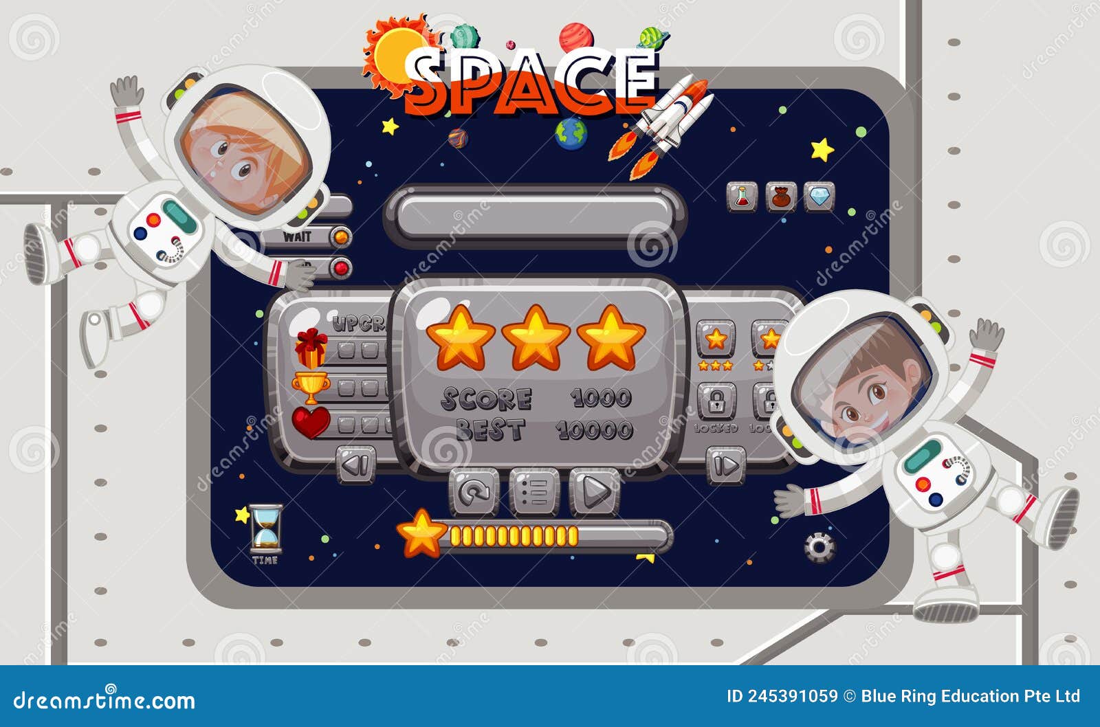 Game Template with Two Astronauts Flying Stock Vector - Illustration of ...