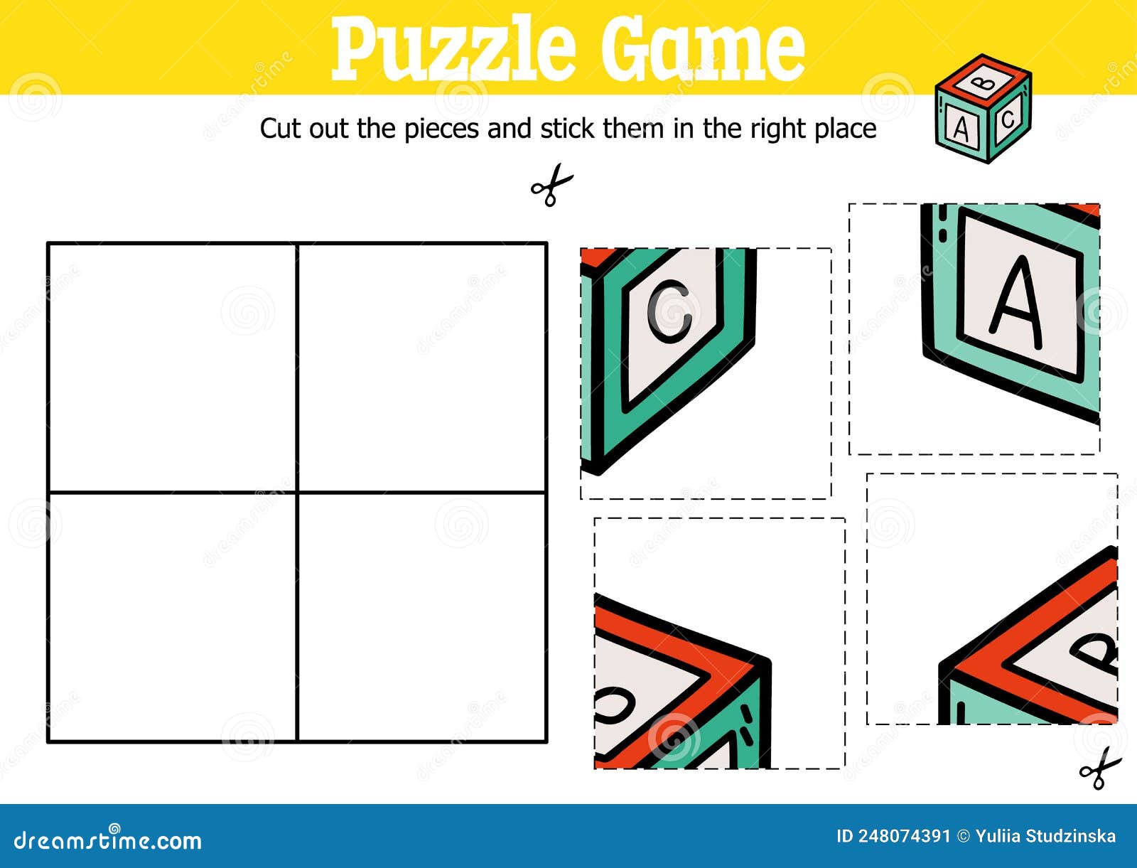 Game To Cut and Stick Pieces with Doodle Alphabet Cube Stock Vector ...