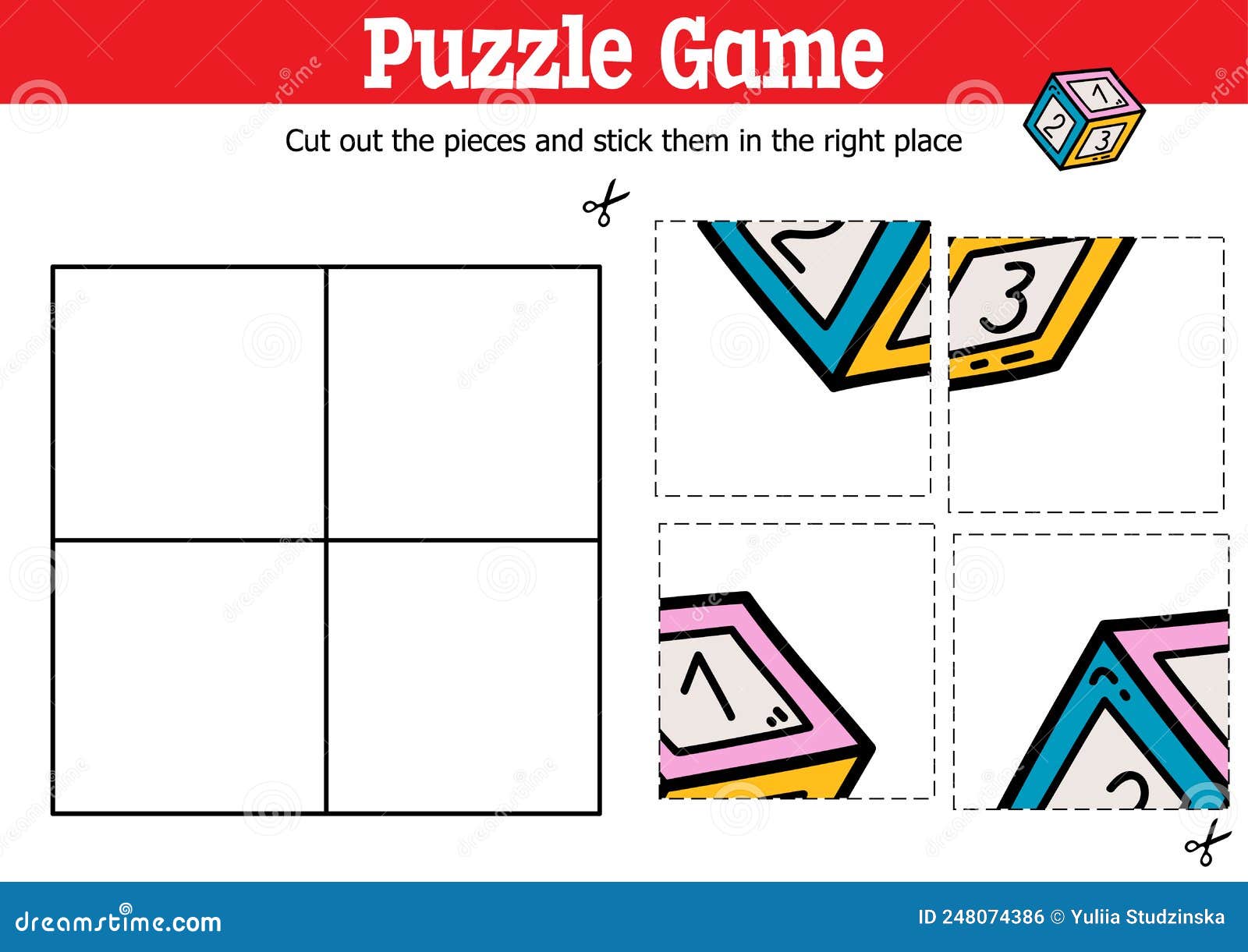 Game To Cut and Stick Pieces with Doodle Number Cube Stock Vector ...
