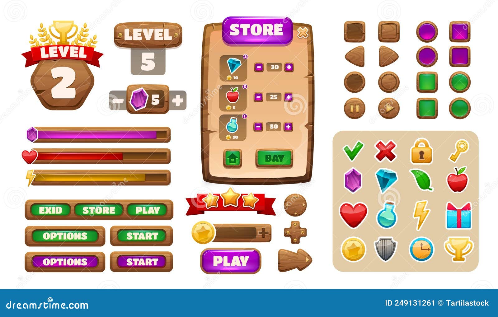 Game UI Asset. Cartoon Wooden Menu Interface Elements, Buttons Icons ...