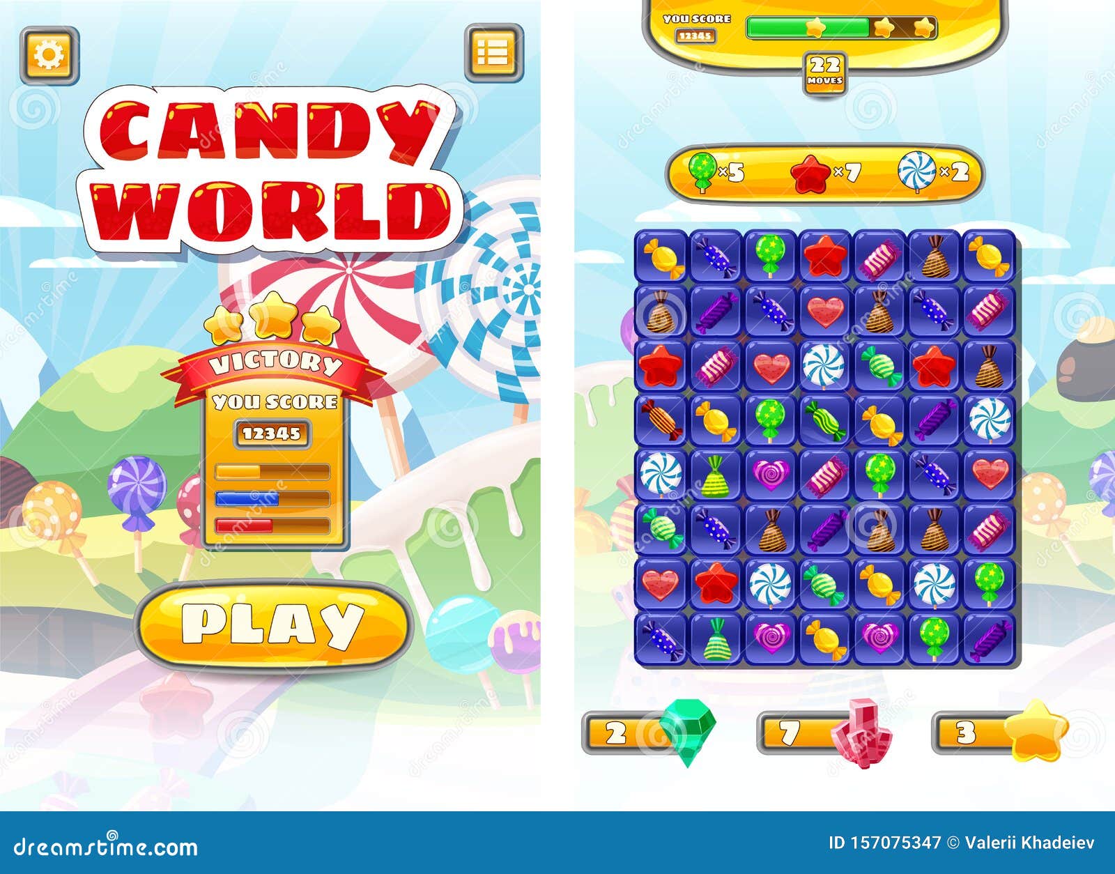 Game UI Candy World Match 3 Set Game Icons, Buttons, and Elements ...