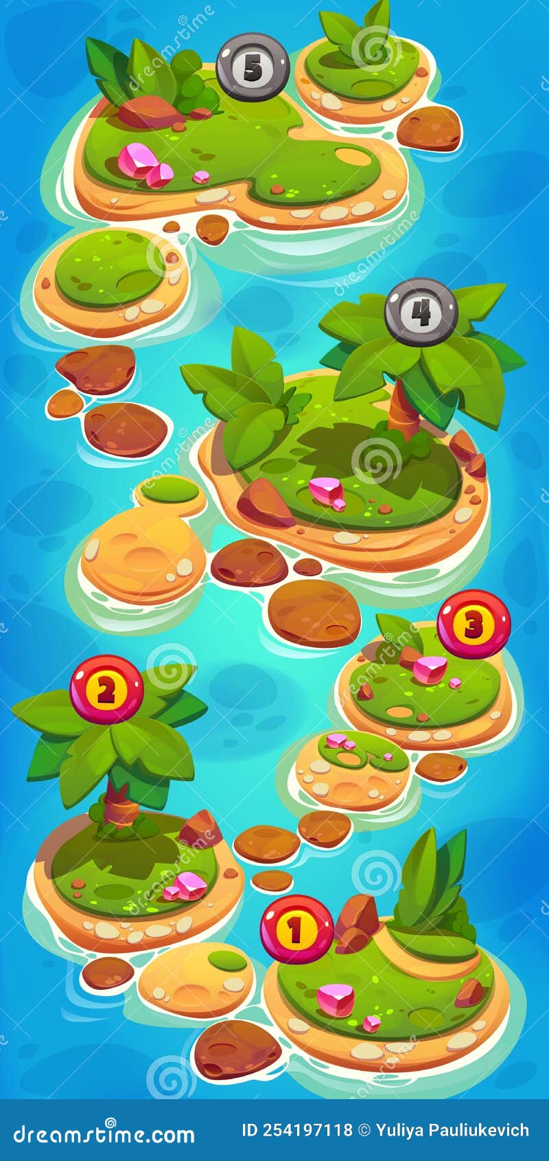 Game Ui Level Map Islands In Ocean With Crystals Vector Illustration ... Game Ui Level Map Islands In Ocean With Crystals Vector Illustration ...