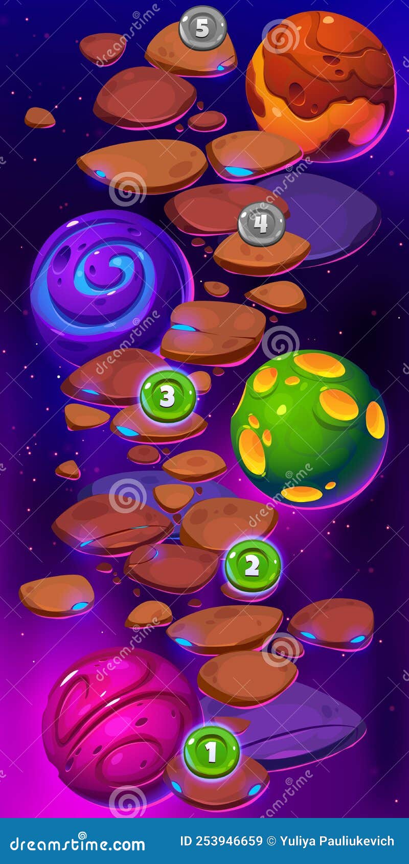 Game Ui Level Map with Space Planets, Rocks, Path Stock Illustration ...