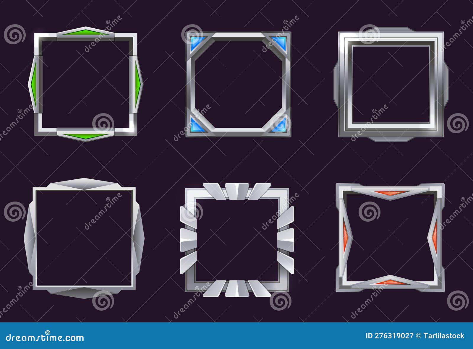 Game Ui Square Frame. Silver Frames with Colorful Gemstones Stock ...