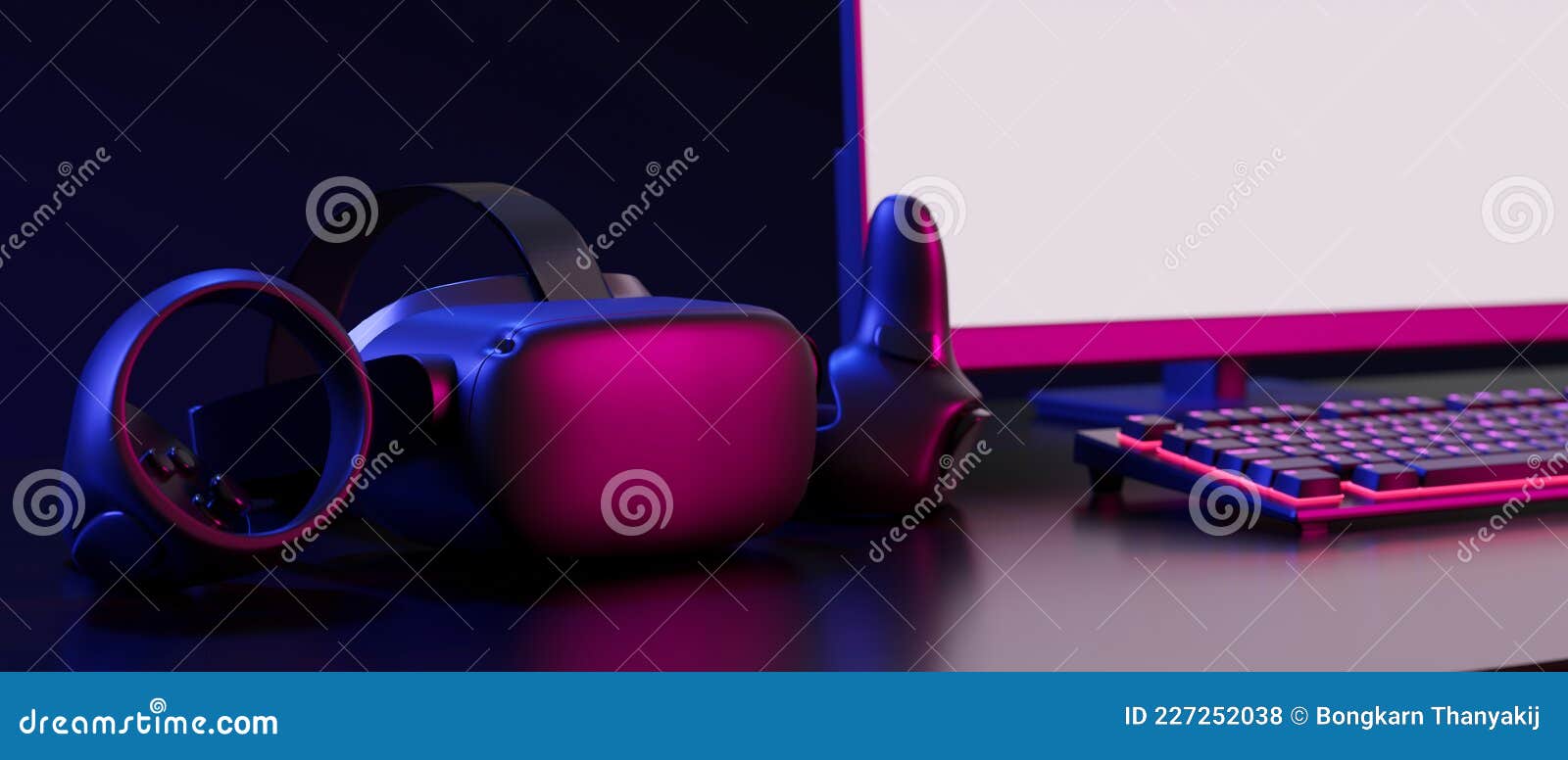 Gamer Computer Desk, Virtual Reality Goggles with Joy Sticks, Dark ...