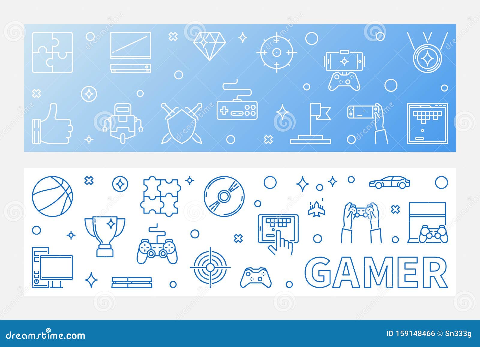 Gamer Concept Outline Horizontal Banners. Vector Illustration Stock ...