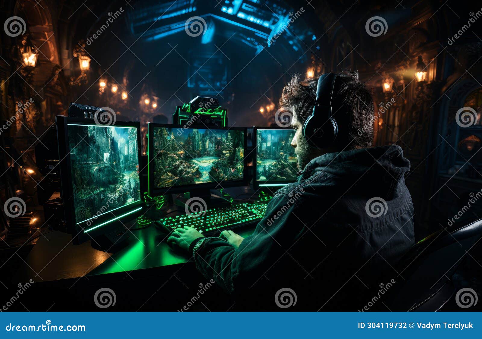 Gamer Man Sitting with Modern Computer in Dark. Streamer Guy Playing ...